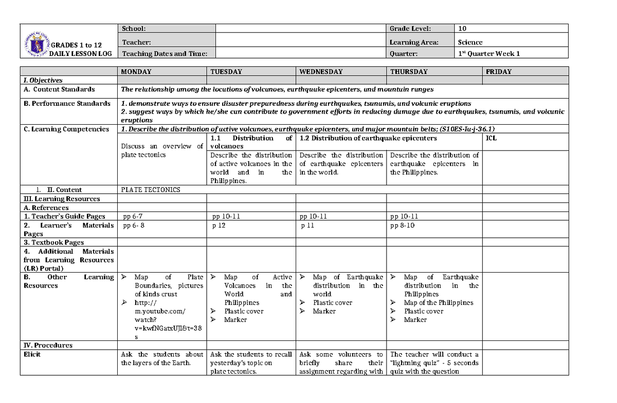DLL Science 10 Quarter 1 Week 1A - GRADES 1 to 12 DAILY LESSON LOG ...