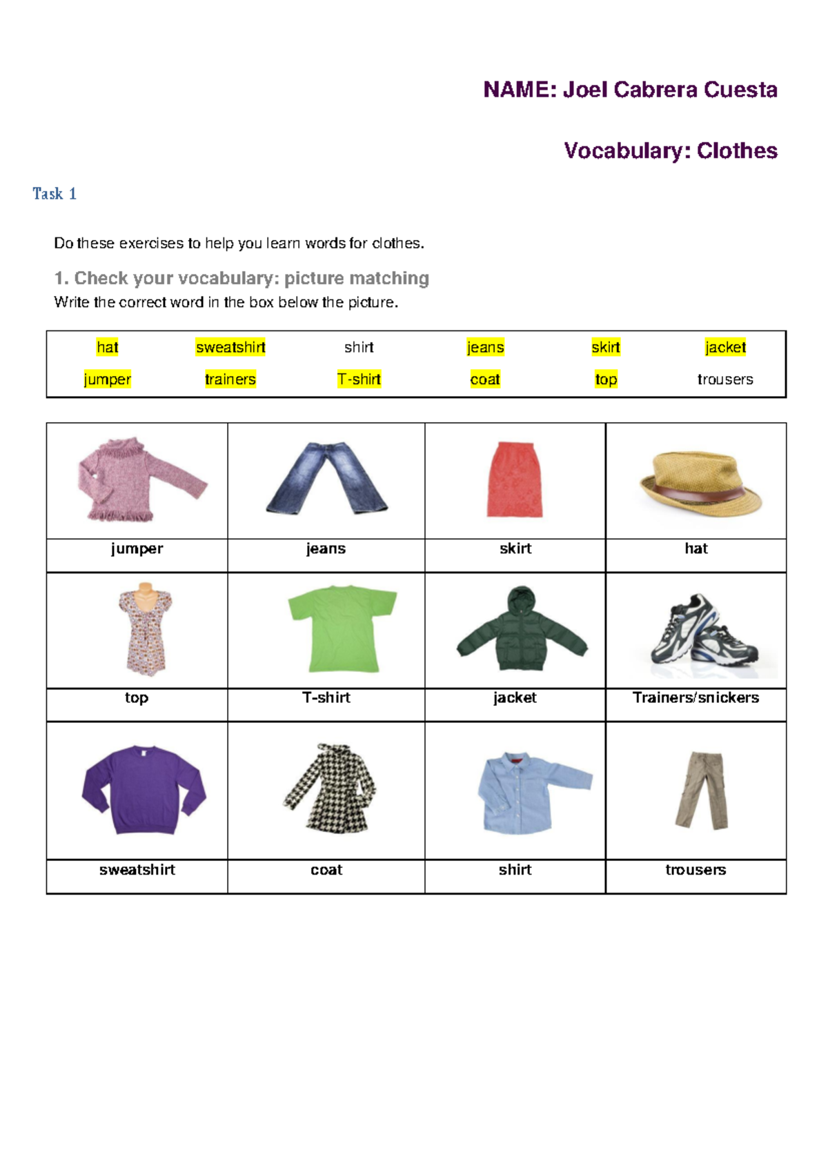 Clothes - exercises - deber - NAME: Joel Cabrera Cuesta Vocabulary ...