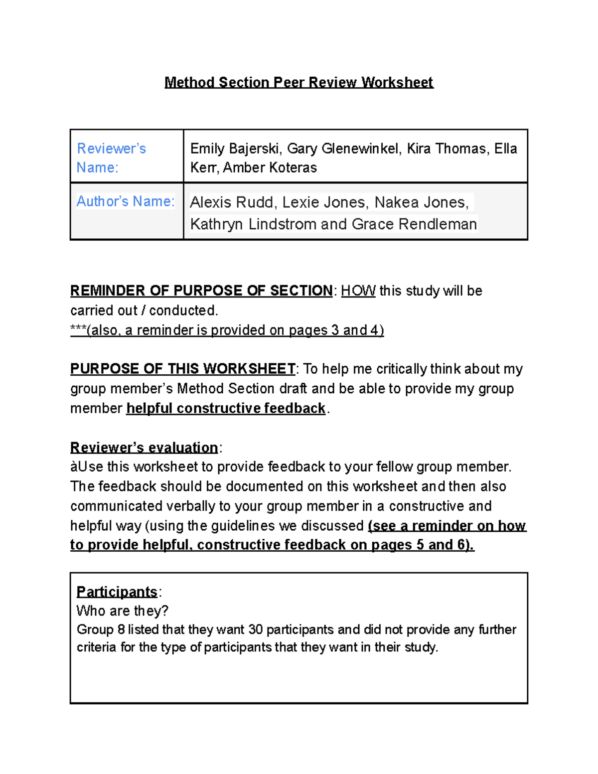 Method Section Peer Review Worksheet - PSYC 211 - SIU - Studocu