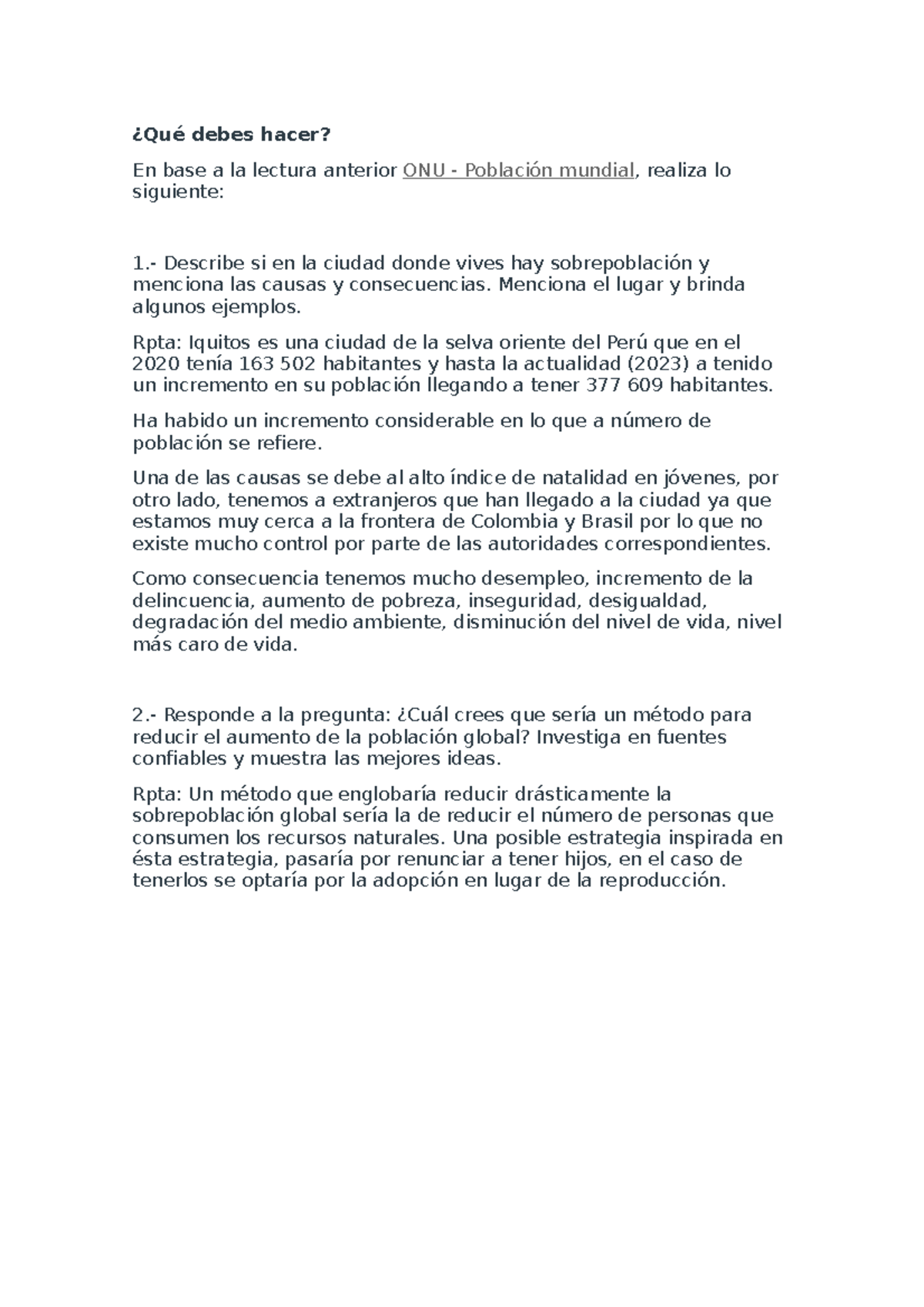 TARERA SEMANA06 - ¿Qué debes hacer? En base a la lectura anterior ONU ...