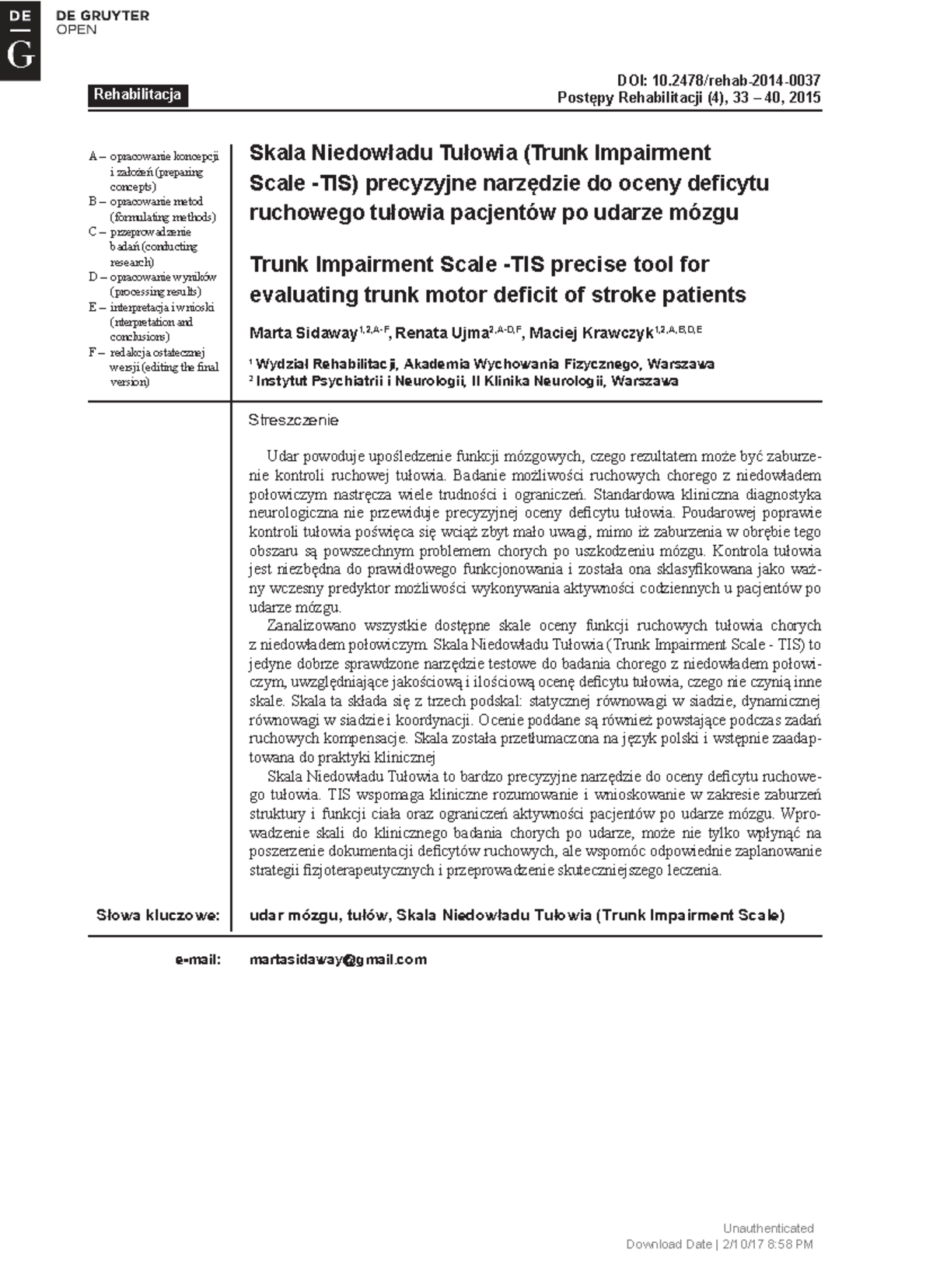 Trunk impairment scale tis precise tool for evaluating trunk motor ...