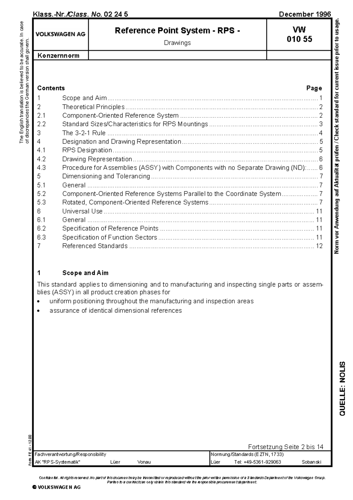 Reference Point System - RPS - VW 010 55 - Klass.-Nr. /Class. No. 02 24 ...