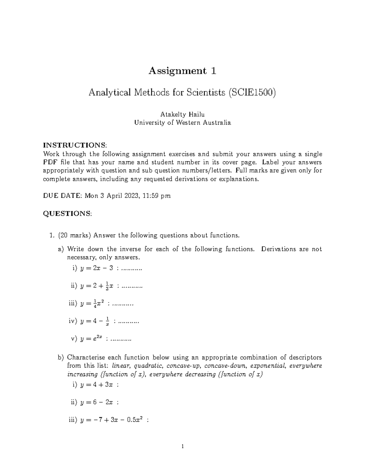 Assignment 1 SCIE1500 SEM1 2023 - Assignment 1 Analytical Methods for Scientists (SCIE1500 ...