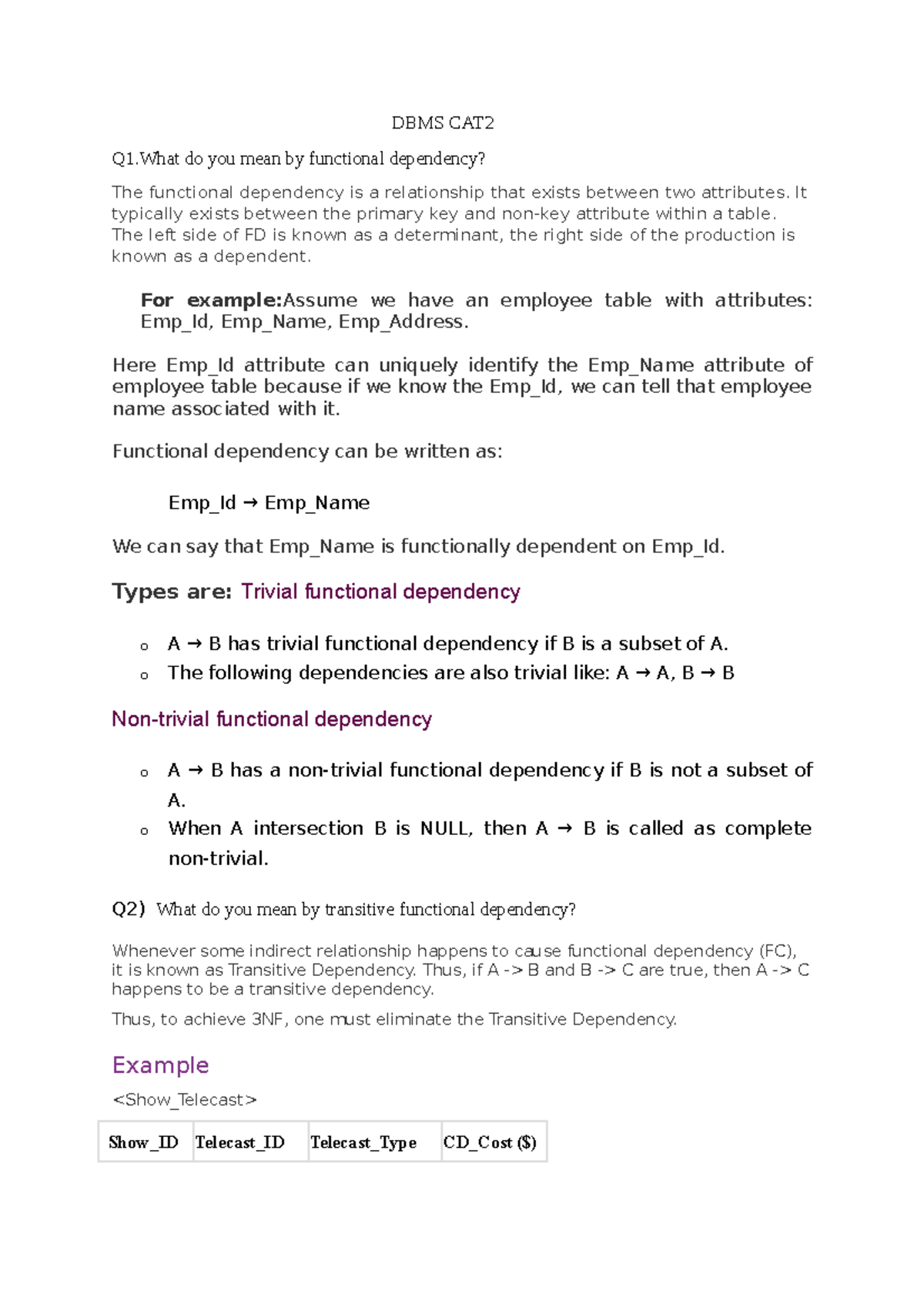 DBMS CAT2 solutions - DBMS CAT Q1 do you mean by functional dependency? The functional ...