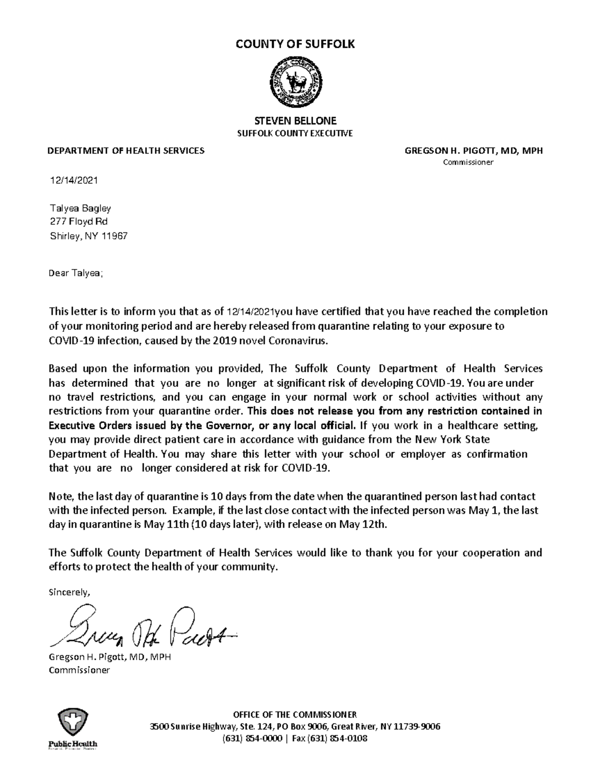 Letter of release from quarantine for Talyea Bagley - DEPARTMENT OF ...