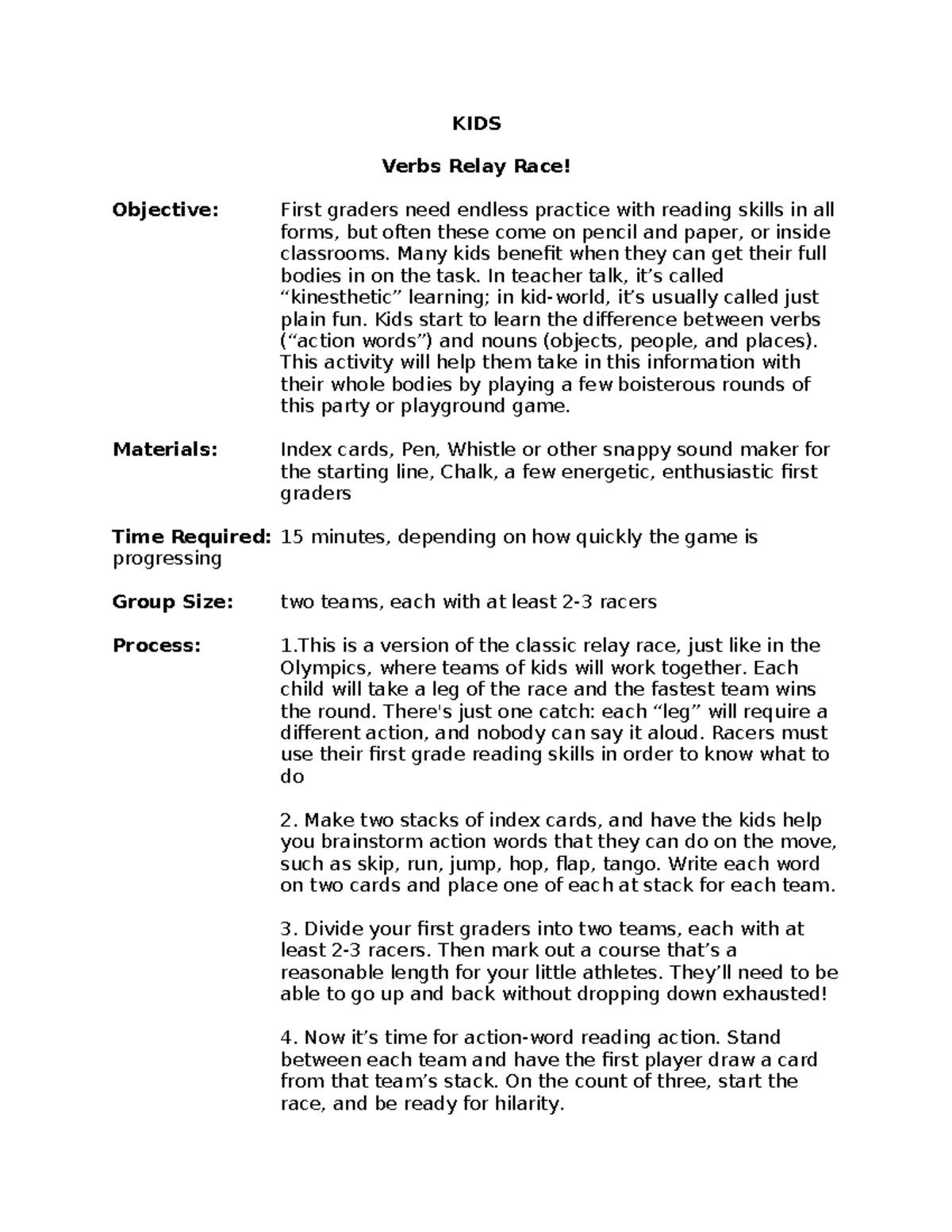 SLE-Final - Summary Math in the modern World - KIDS Verbs Relay Race ...
