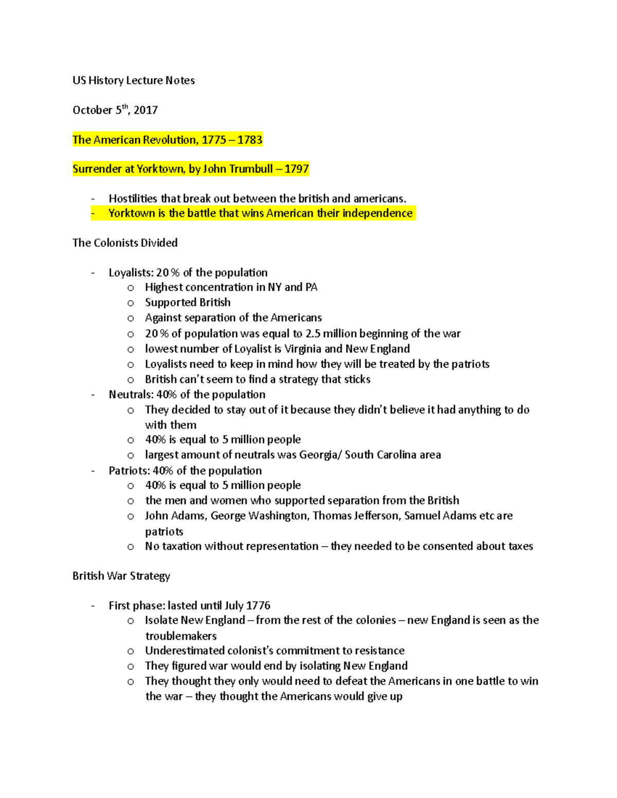 US History Lecture Notes 5 - US History Lecture Notes October 5th, 2017 ...