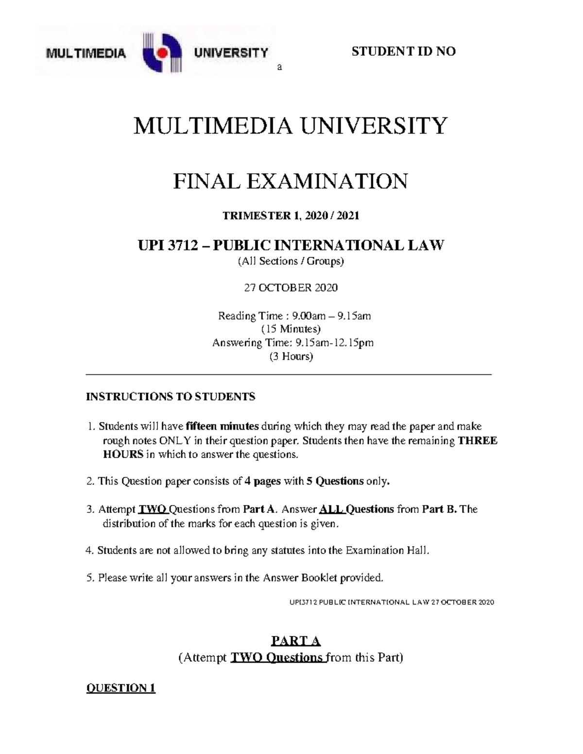 Past year paper - STUDENT ID NO a MULTIMEDIA UNIVERSITY FINAL ...
