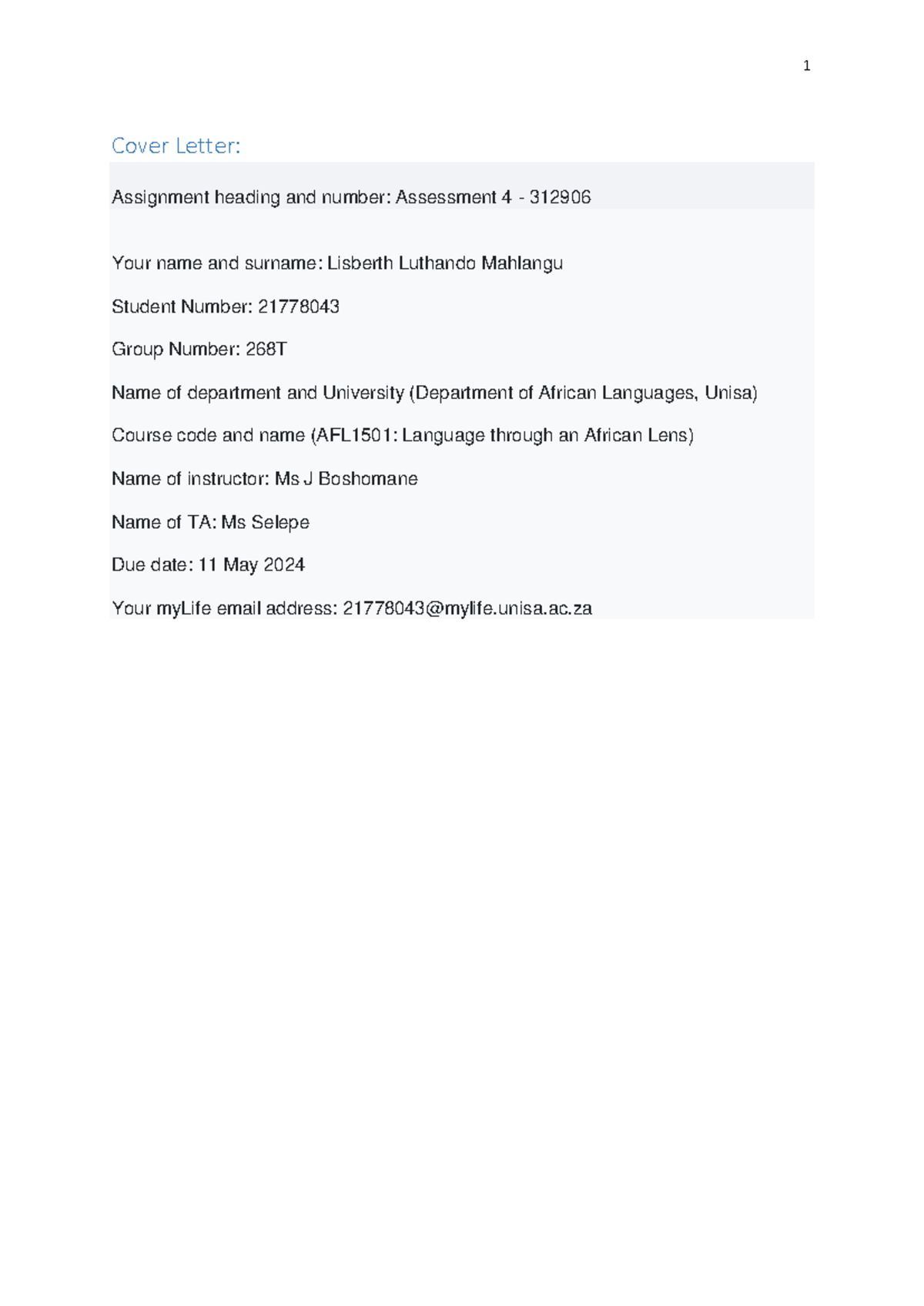 Luthando AFL assignment 4 - Cover Letter: Assignment heading and number ...