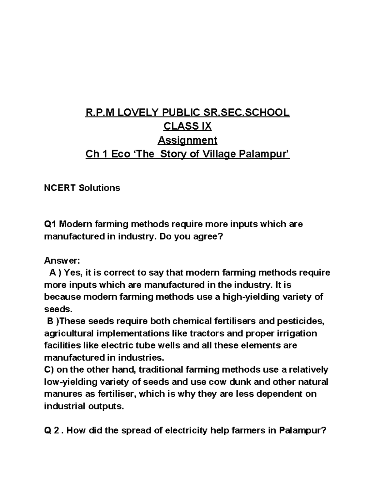 Economics - R.P LOVELY PUBLIC SR.SEC CLASS IX Assignment Ch 1 Eco ‘The ...