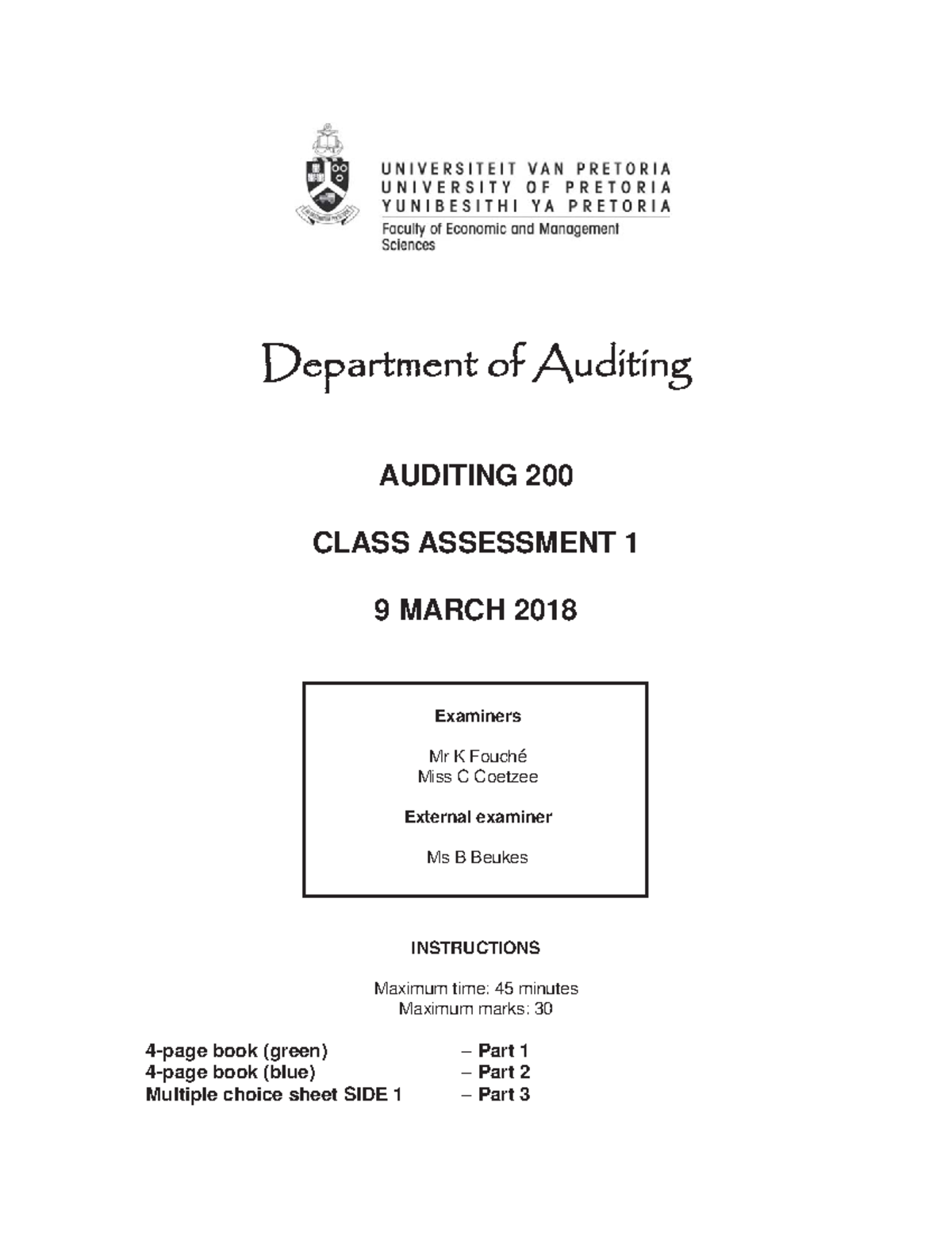 ODT 200 Class assessment 1 2018 - Department of Auditing AUDITING 200 ...