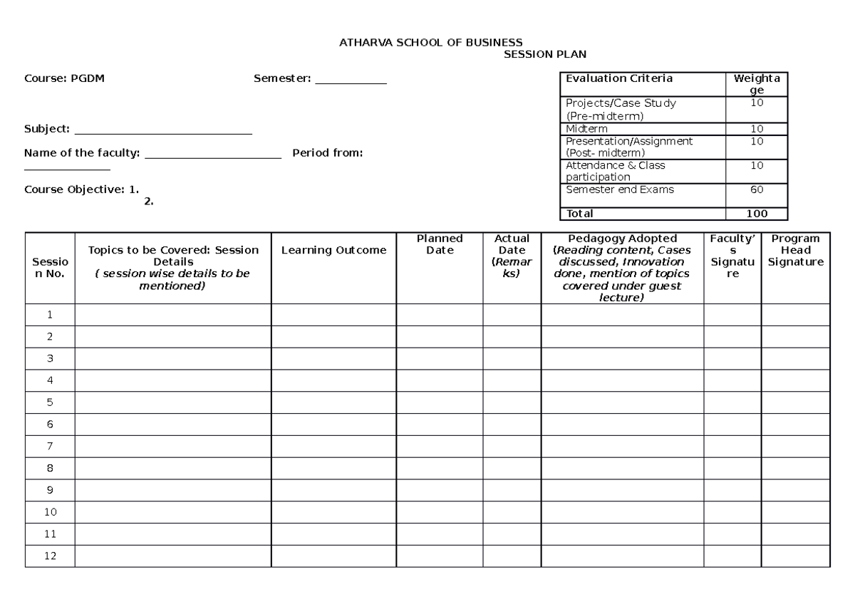 Blank Session Plan PGDM Sem. I - ATHARVA SCHOOL OF BUSINESS SESSION ...