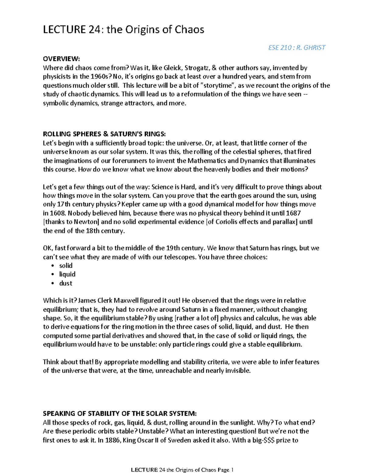 Lecture 24 the Origins of Chaos - OVERVIEW: Where did chaos come from ...