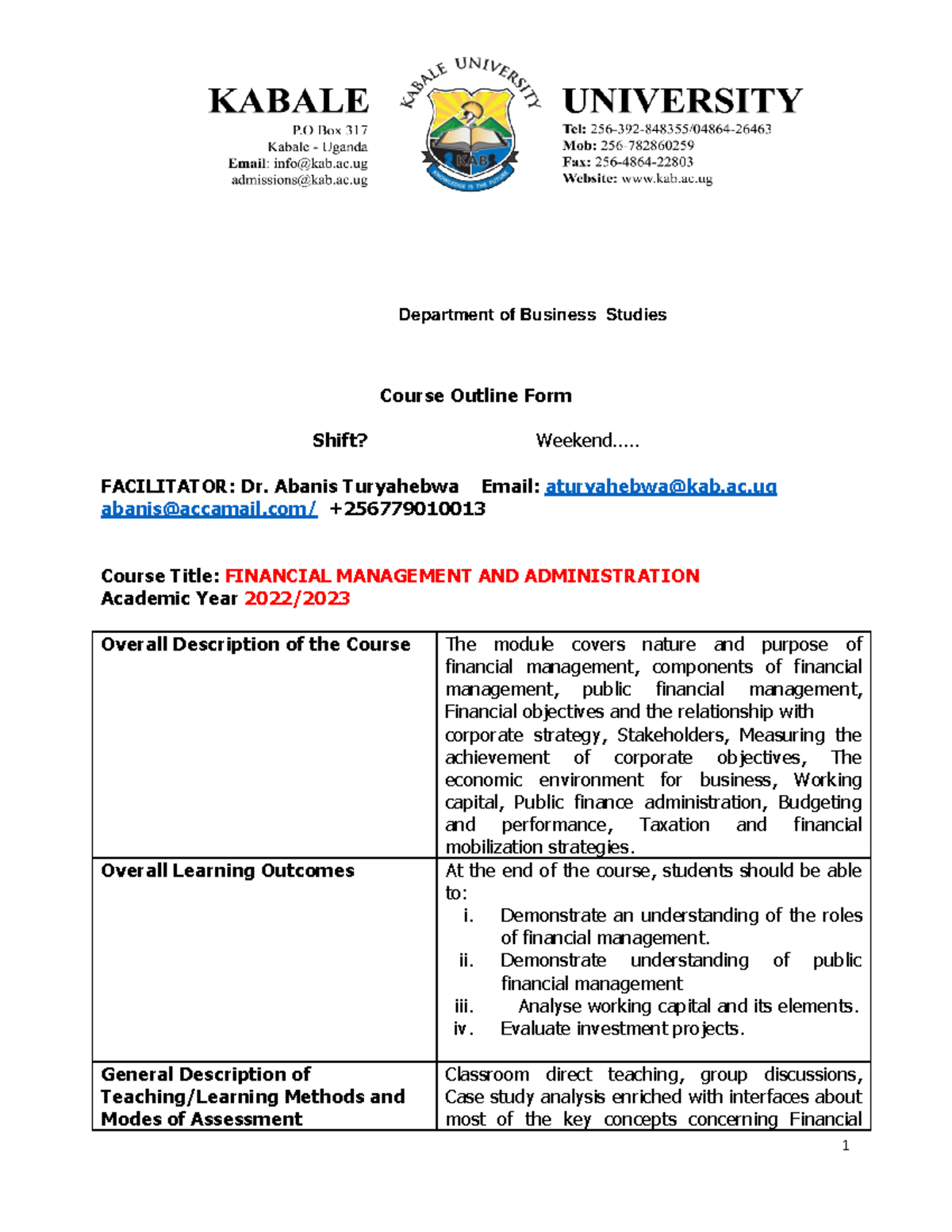 Financial Management Course Outline Form 2022 - Course Outline Form ...