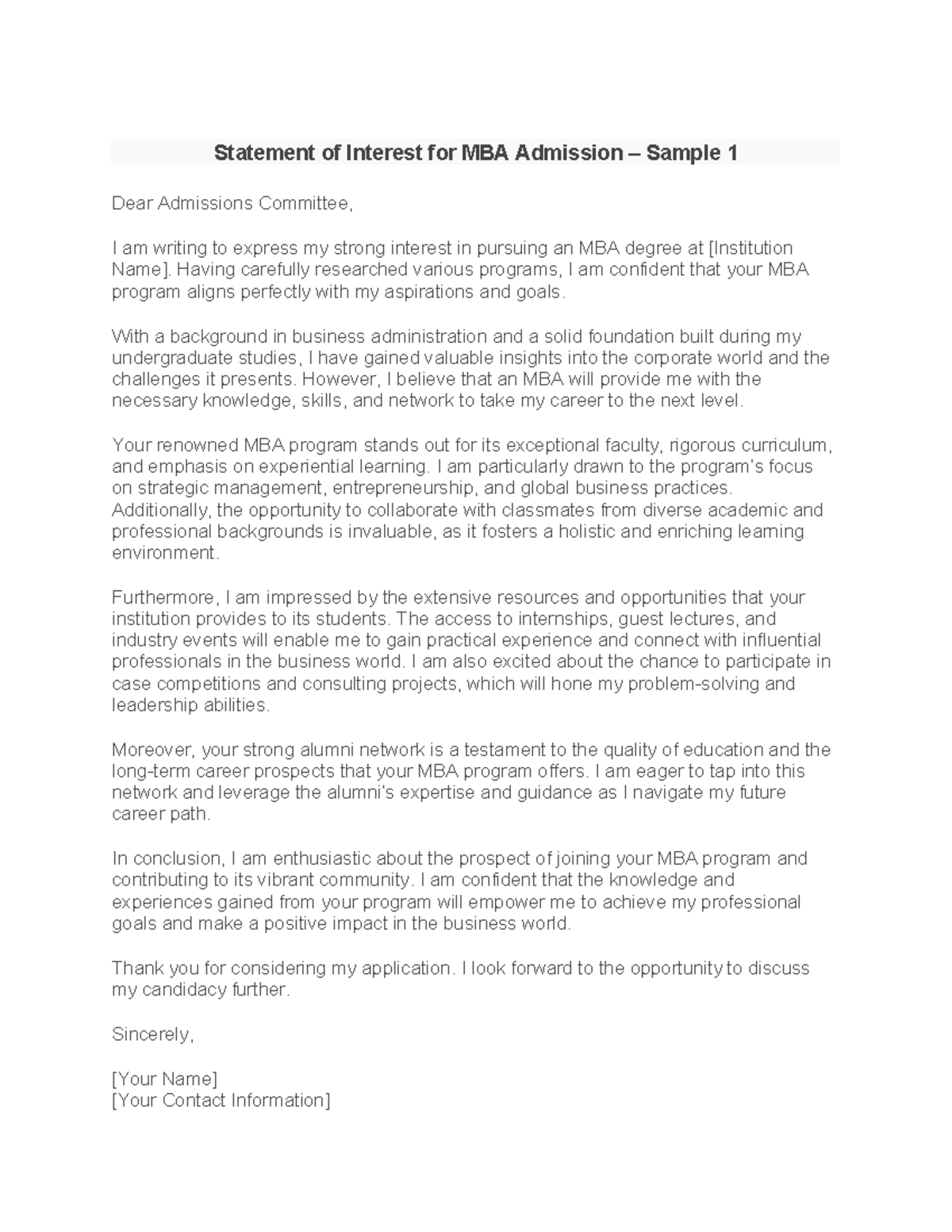Document - Statement of Interest for MBA Admission – Sample 1 Dear ...