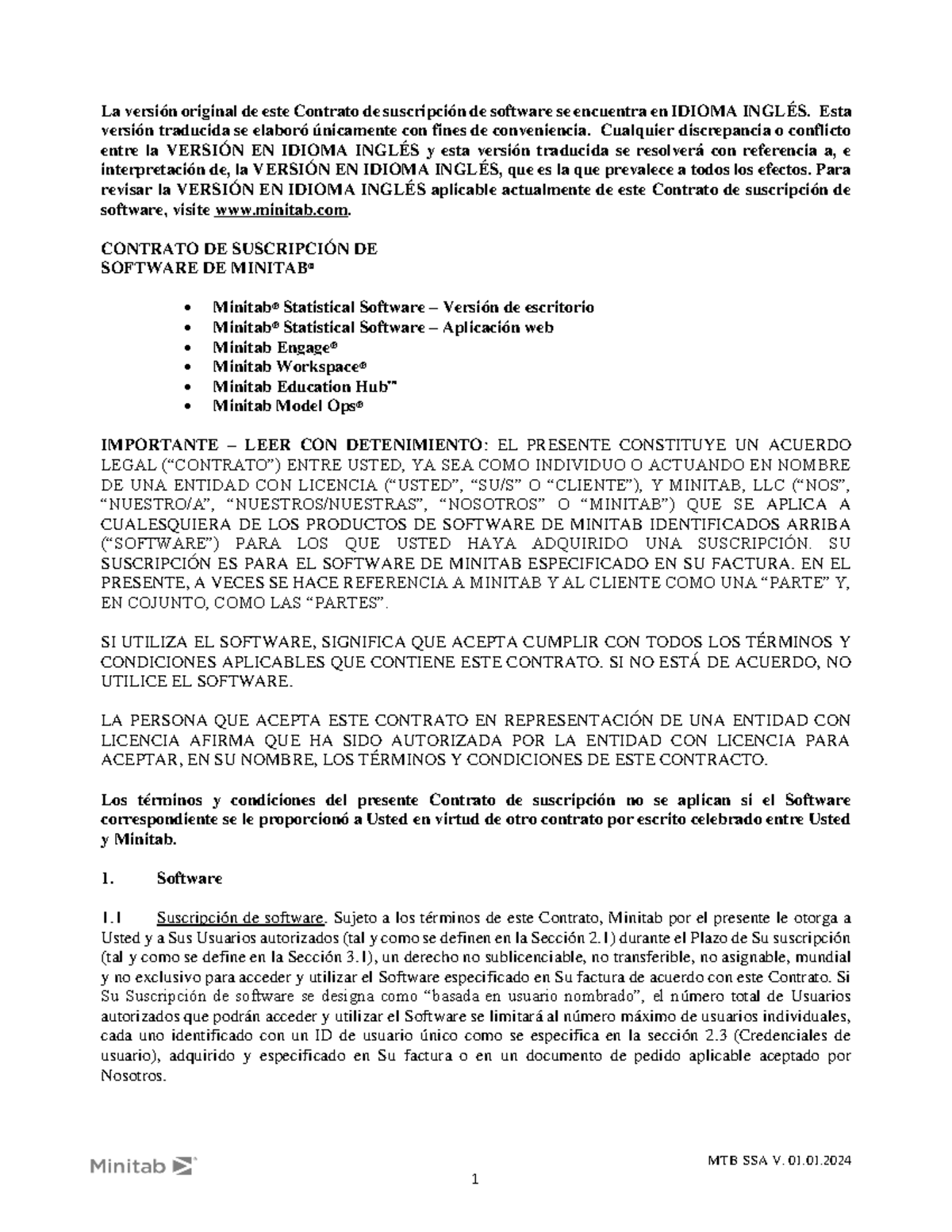 Minitab Software Subscription Agreement V01 01 2024 ES - MTB SSA V. 01. La versión original de ...