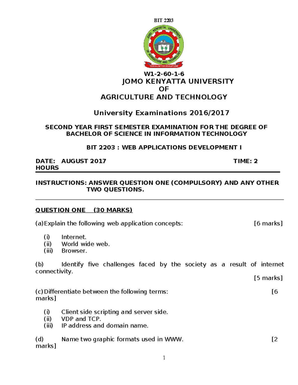 BIT 2203 (NAKS) - W1-2-60-1- JOMO KENYATTA UNIVERSITY OF AGRICULTURE AND TECHNOLOGY University ...