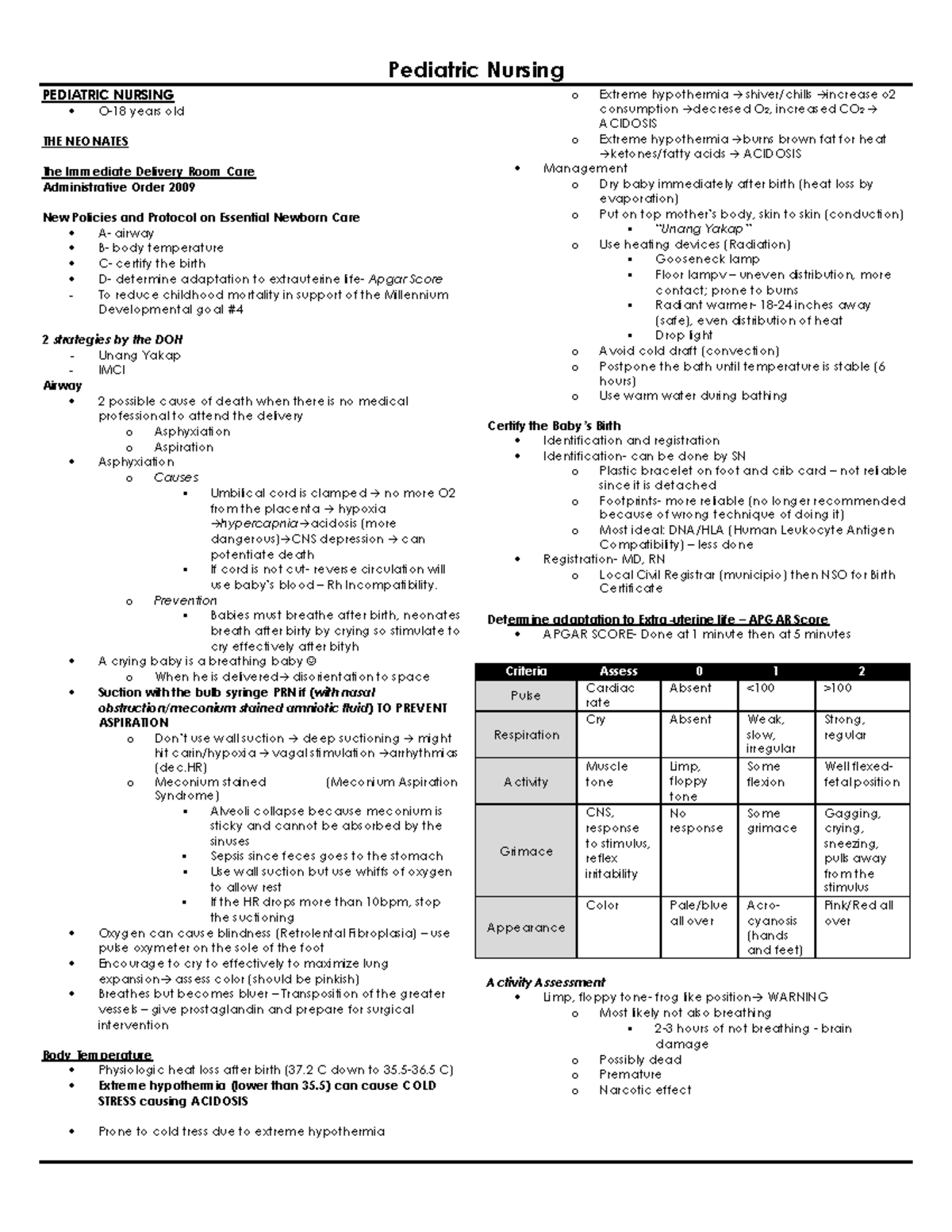 Pediatric Nursing Review Notes - PEDIATRIC NURSING O- 18 years old THE ...