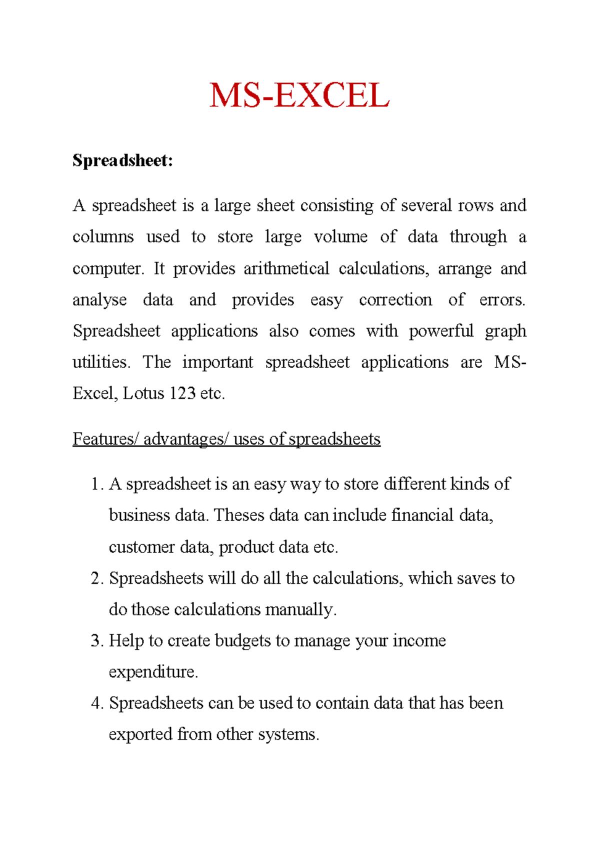 MS Excel - MS-EXCEL Spreadsheet: A spreadsheet is a large sheet ...