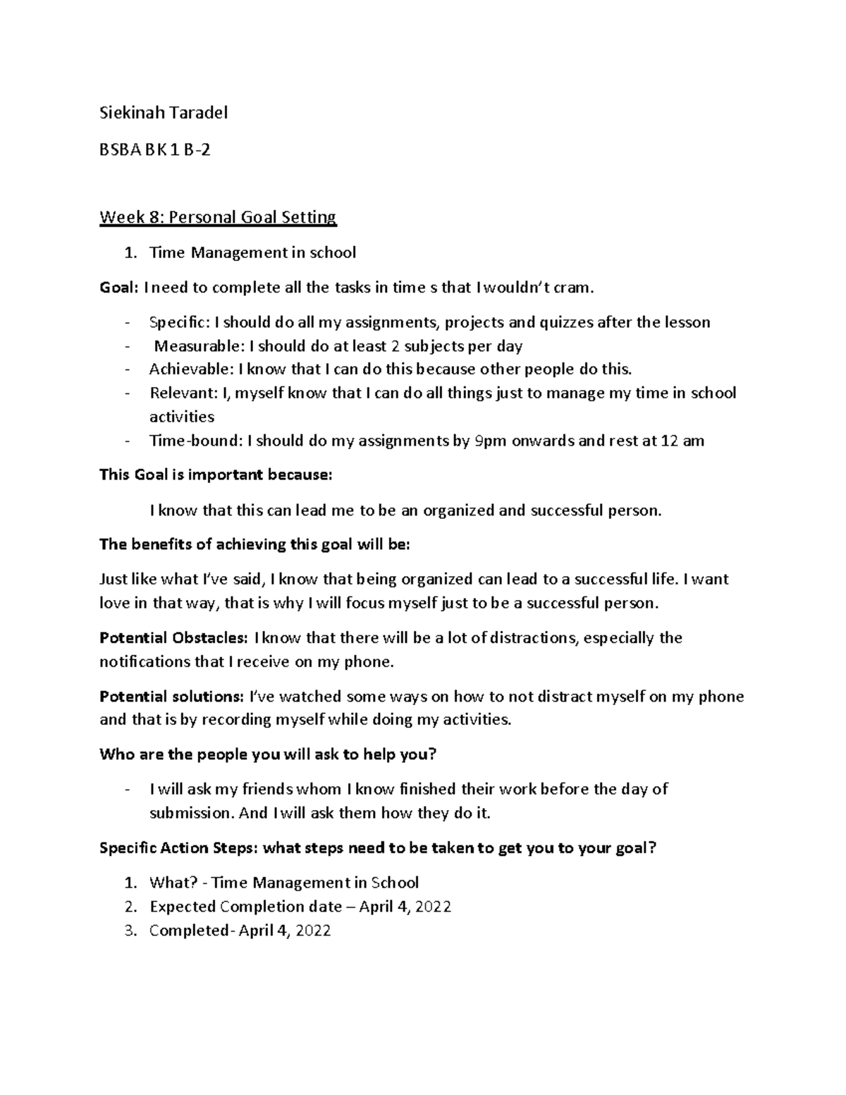 Veritas Assignment 2 (Personal Goal Setting) - Siekinah Taradel BSBA BK ...