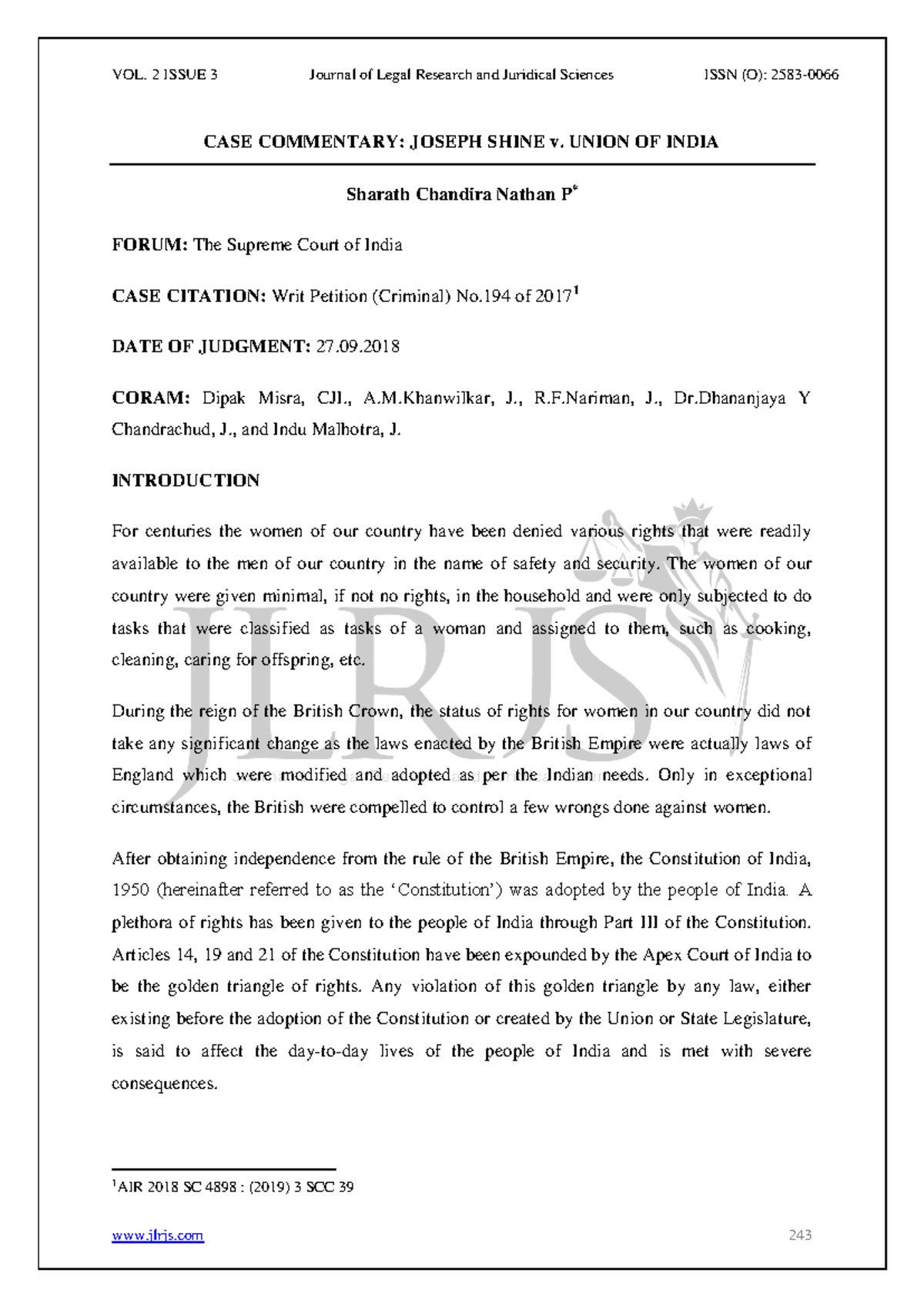 37.-Sharath-Chandira-Nathan-P case commentary - CASE COMMENTARY: JOSEPH ...