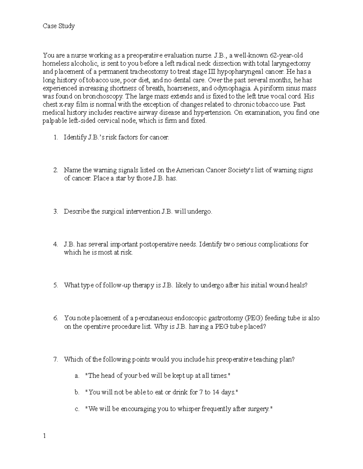 CA Case Study - Case Study You are a nurse working as a preoperative ...