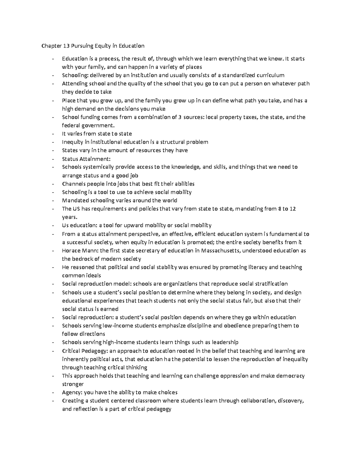 Chapter 13 notes 1 - Chapter 13 Pursuing Equity in Education Education ...