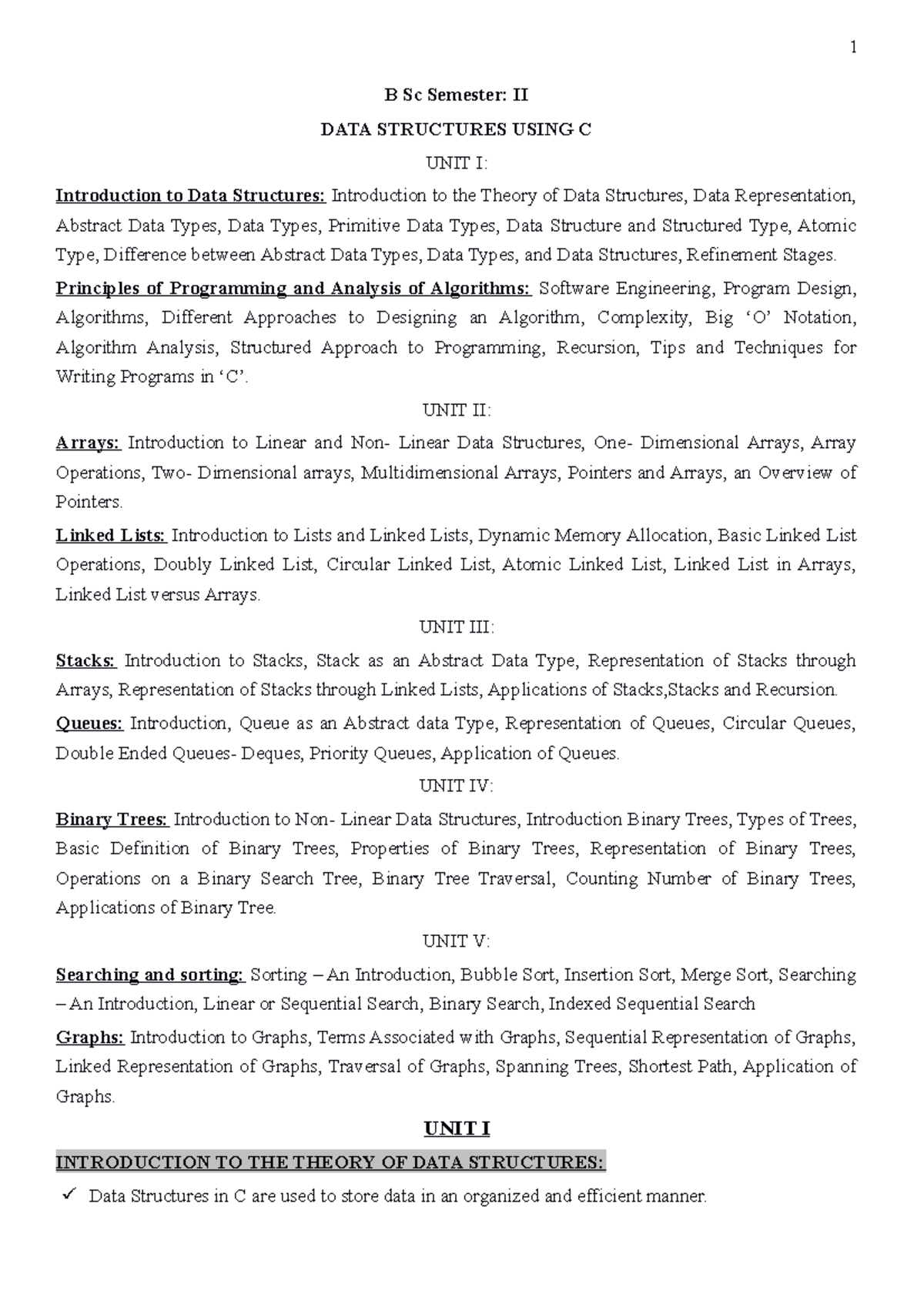 Iisem DS - B Sc Semester: II DATA STRUCTURES USING C UNIT I ...