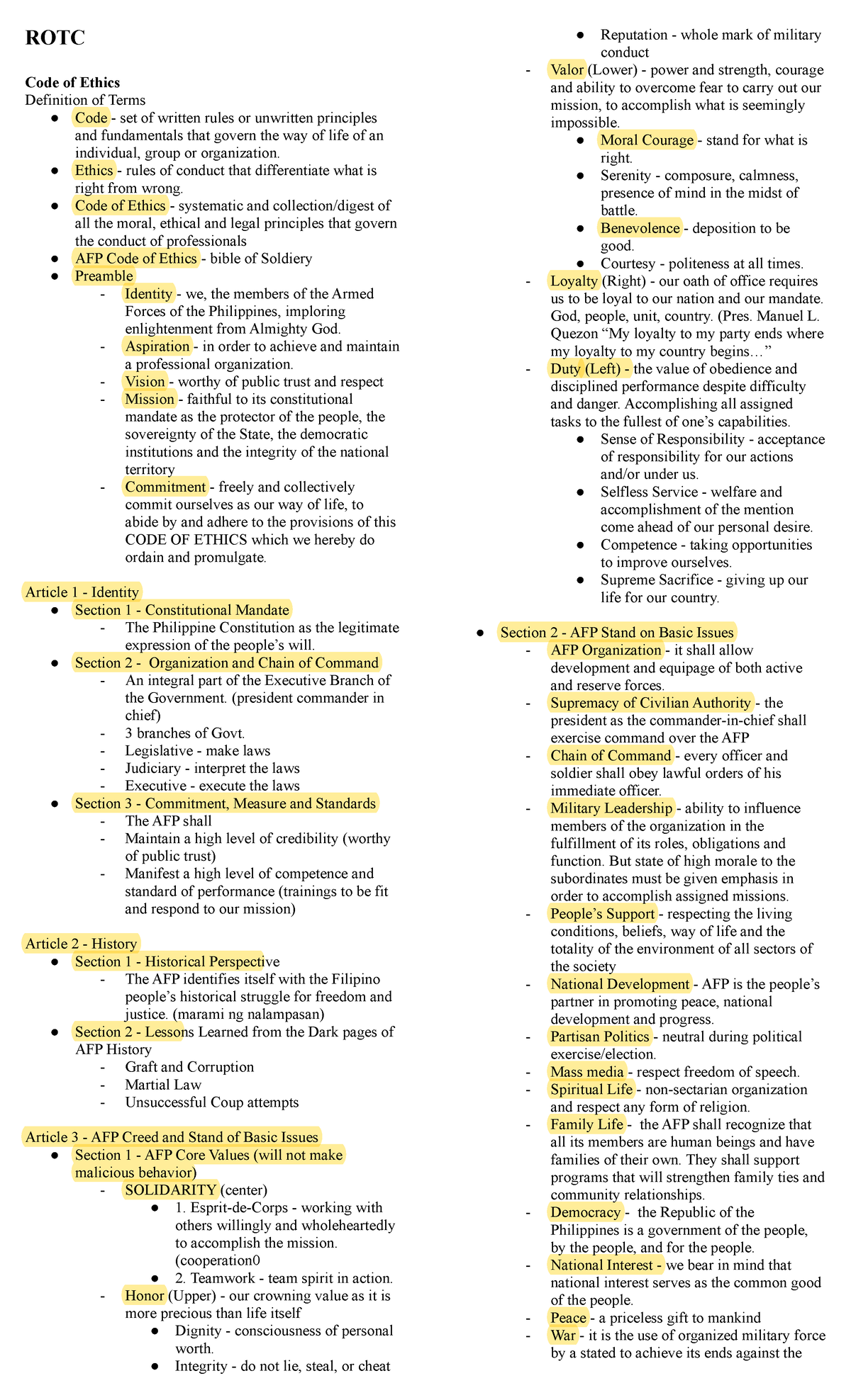 ROTC merged - ROTC Code of Ethics Definition of Terms Code - set of ...