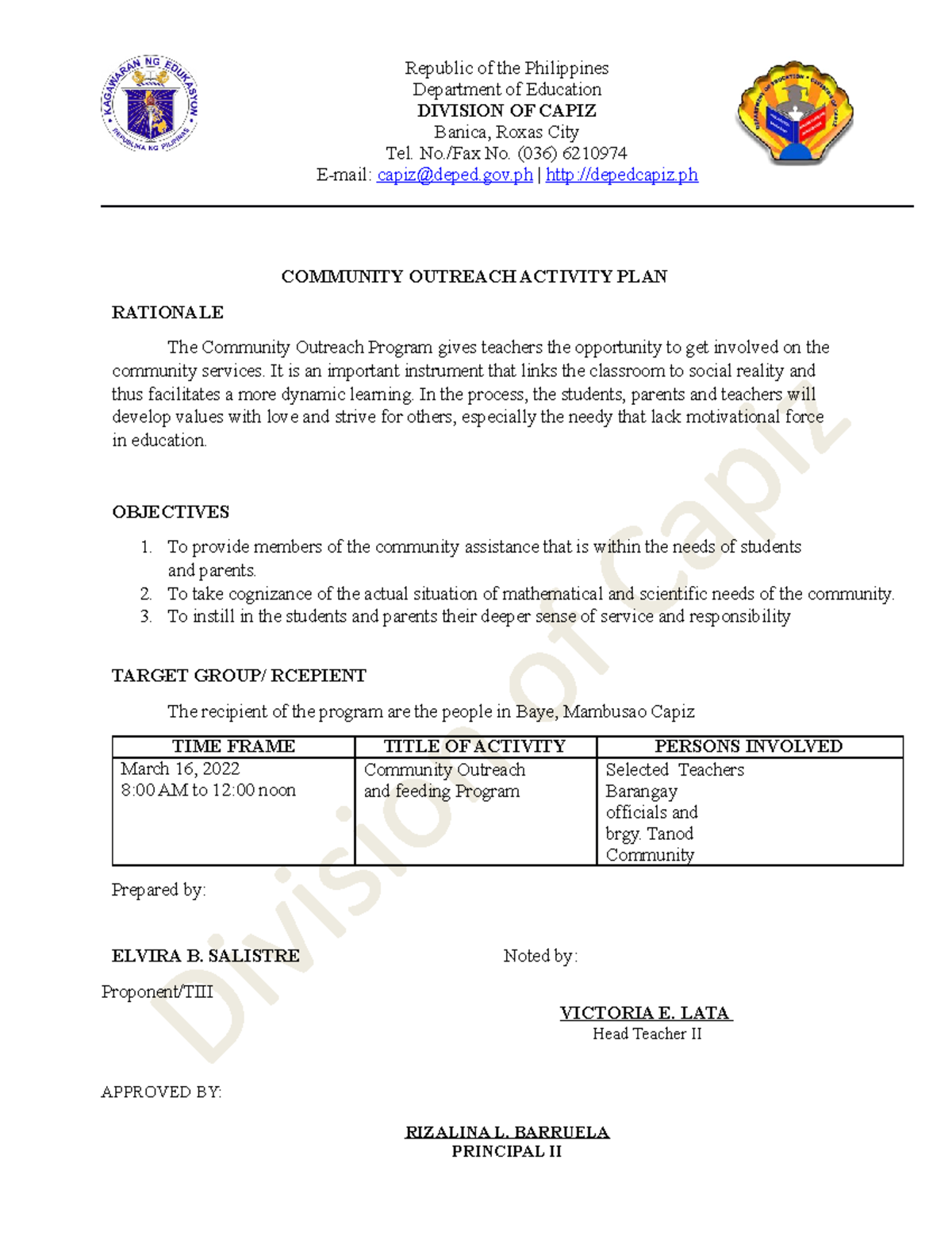 Matrix plan 201150 - Republic of the Philippines Department of ...