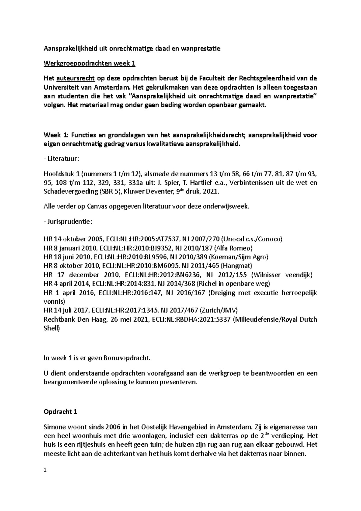 Werkgroepopdrachten AODW week 1 2021-2022 - Aansprakelijkheid uit ...