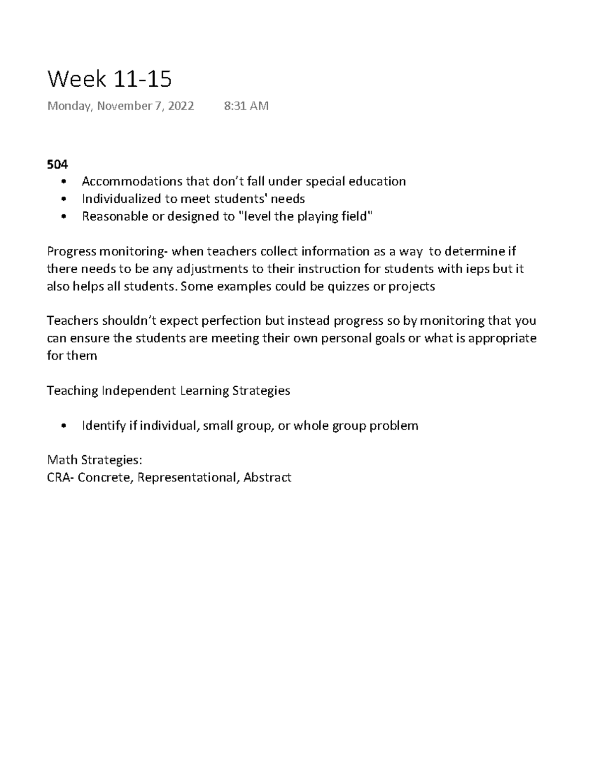 Week 11-15 - These are class notes from weeks 11 through 15 of the ...