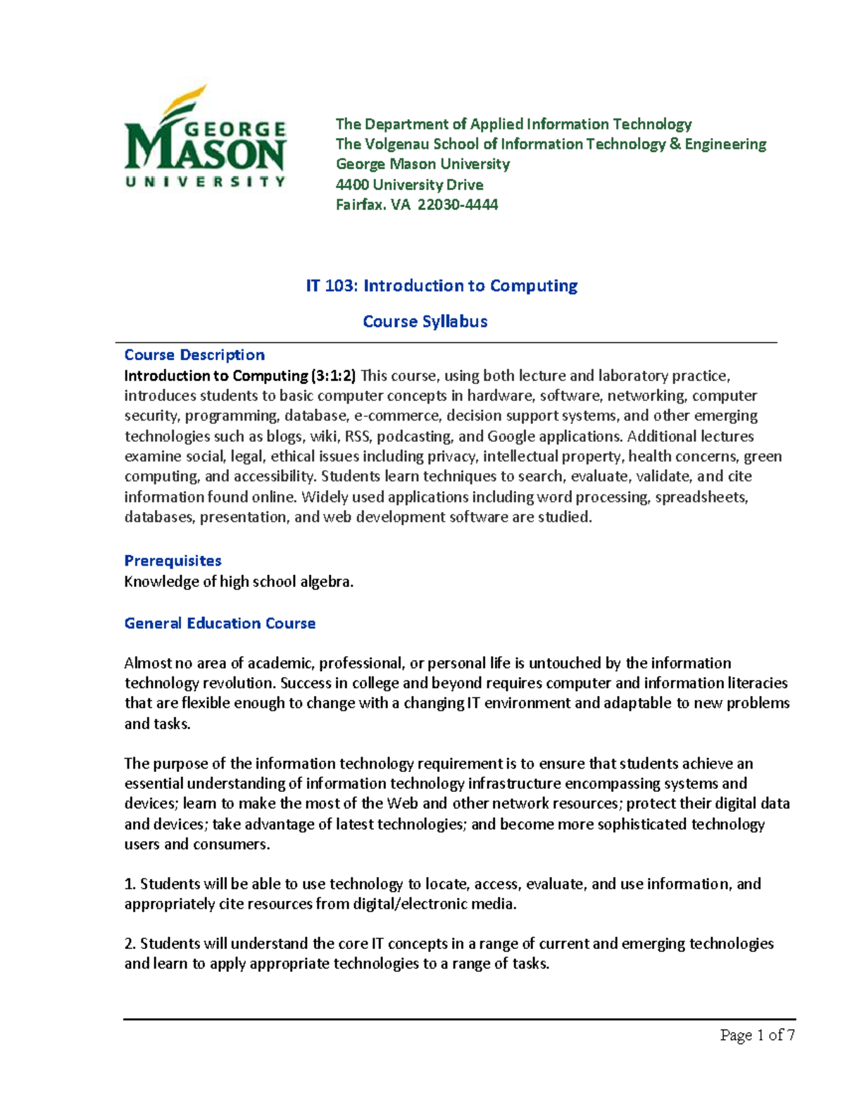 IT103Summer 2013 Syllabus - Introduction to computing - Page 1 of 7 The ...