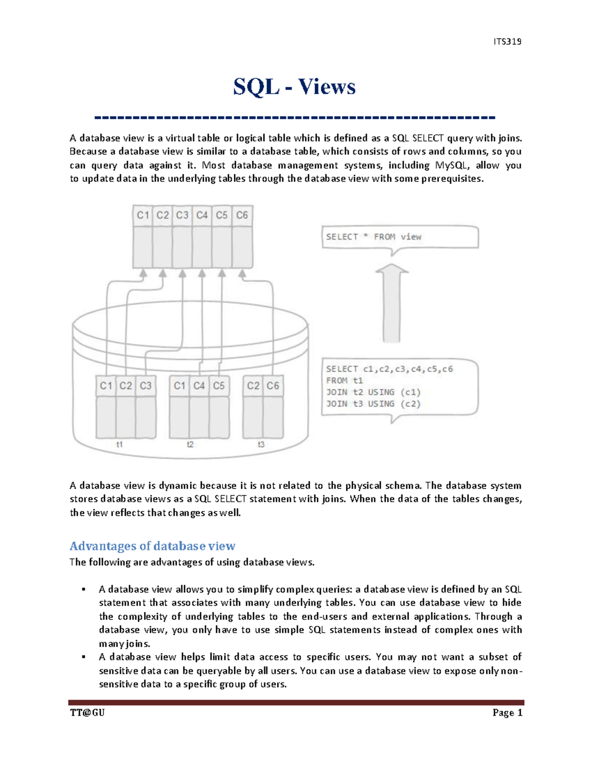 ITS319 Week13 - SQL - Views - A database view is a virtual table or ...