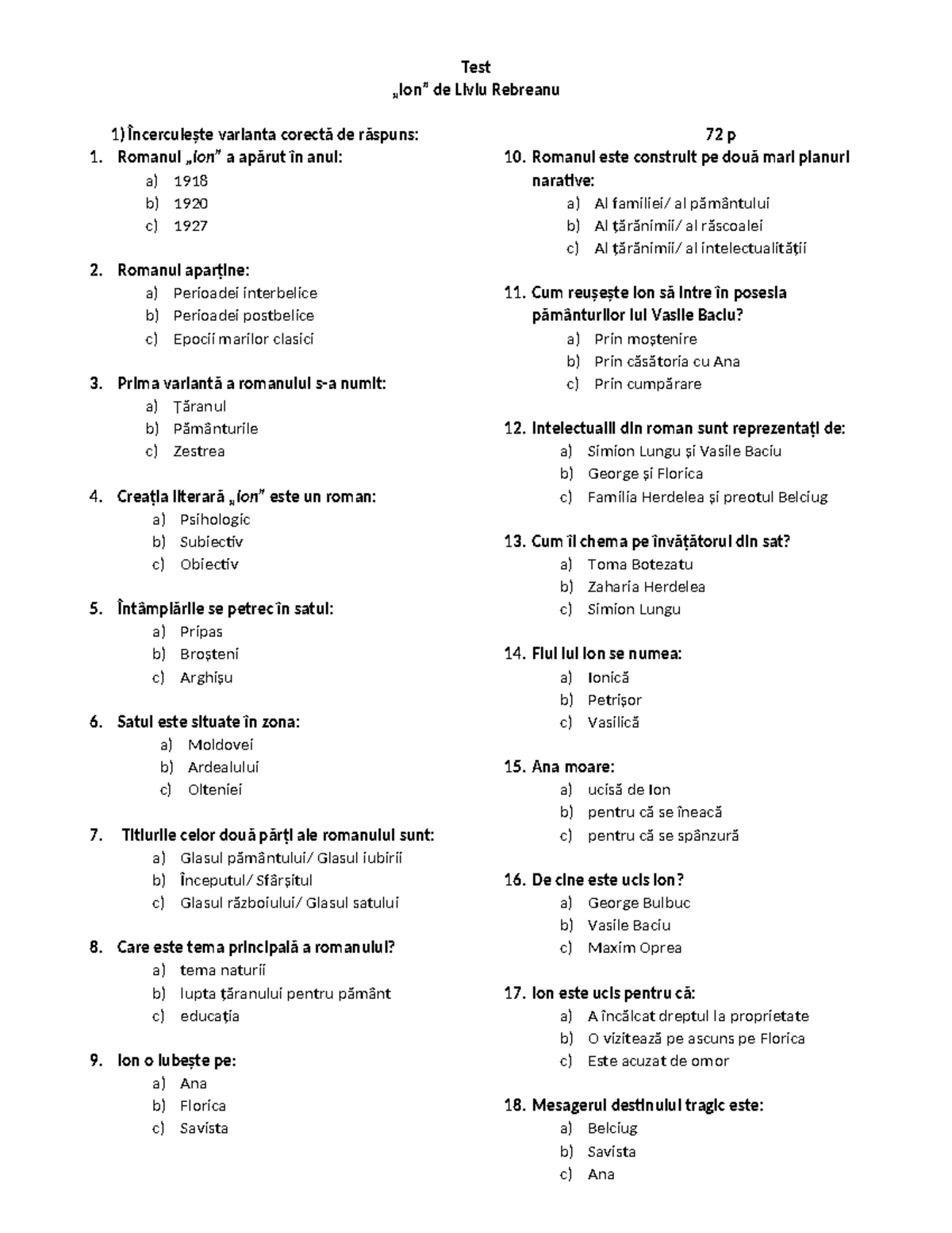 Test - Ion - Test „Ion” de Liviu Rebreanu Încercuiește varianta corectă ...