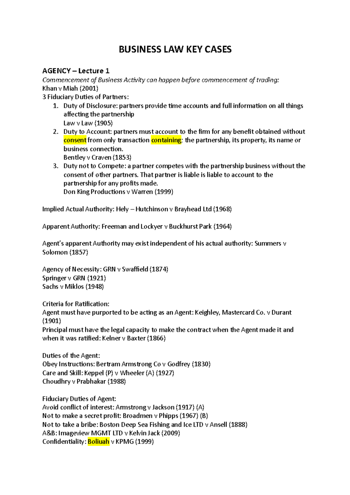 Business LAW KEY Cases - Lecture notes 1-10 - BUSINESS LAW KEY CASES ...