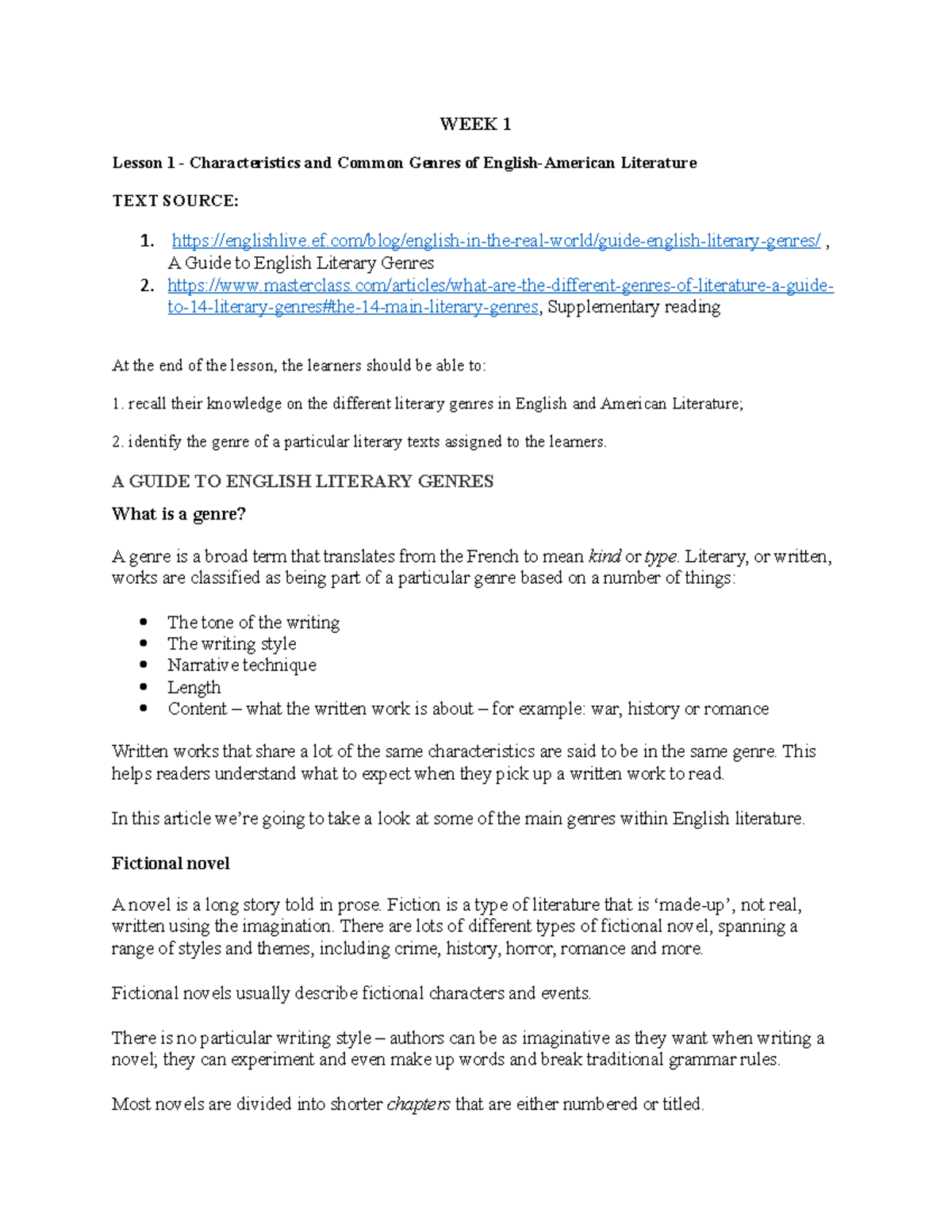 English 118 - Lesson Week 1 - WEEK 1 Lesson 1 - Characteristics and ...