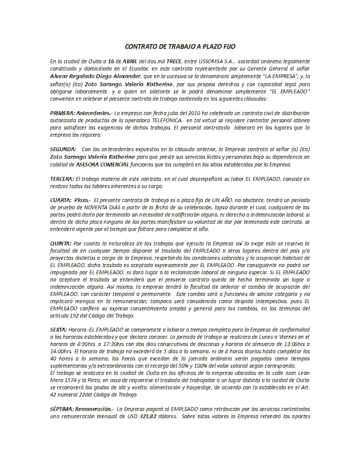 Contrato DE Trabajo A Plazo FIJO - CONTRATO DE TRABAJO A PLAZO FIJO En ...