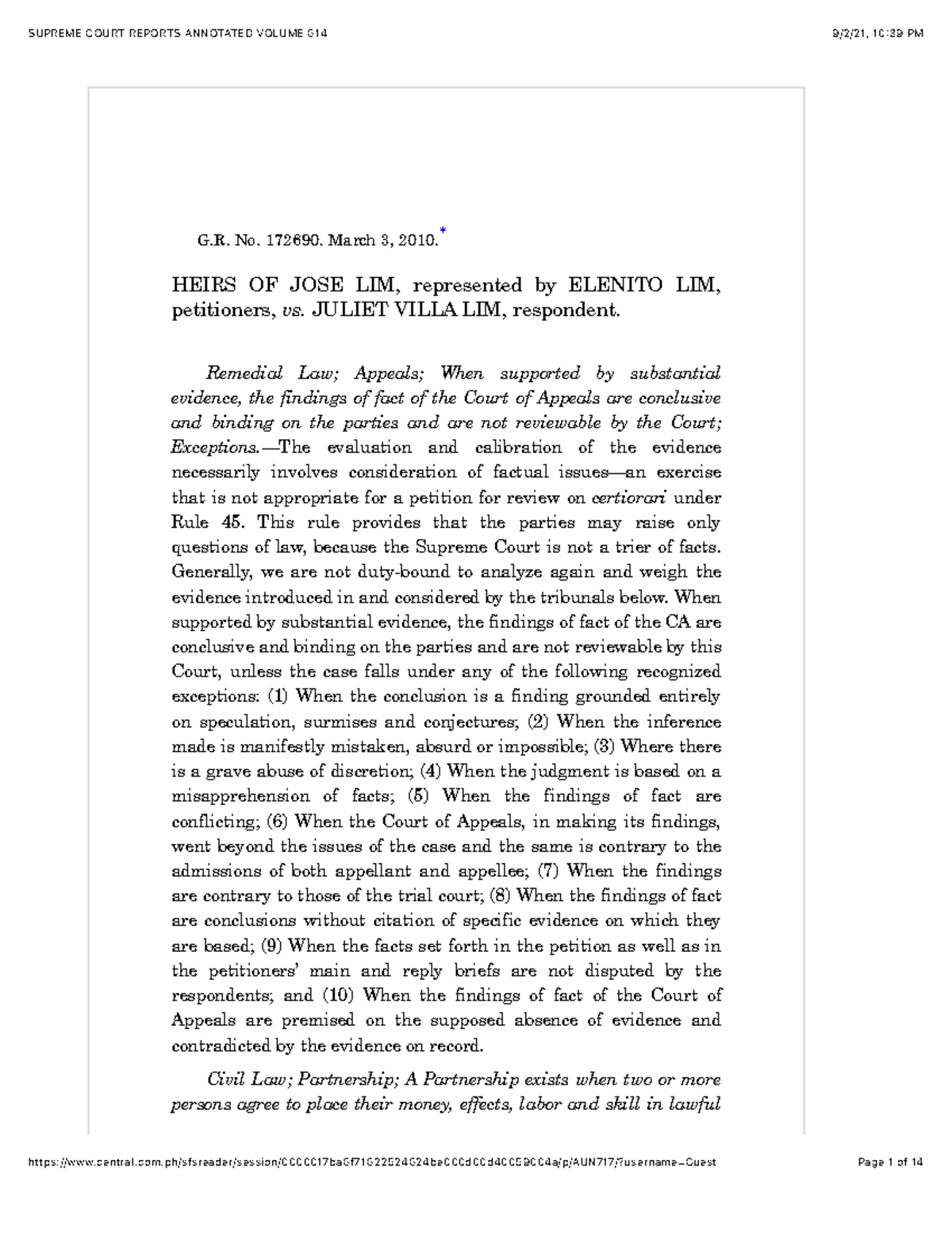 10. Heirs of Jose Lim vs. Lim - G. No. 172690. March 3, 2010.* HEIRS OF ...