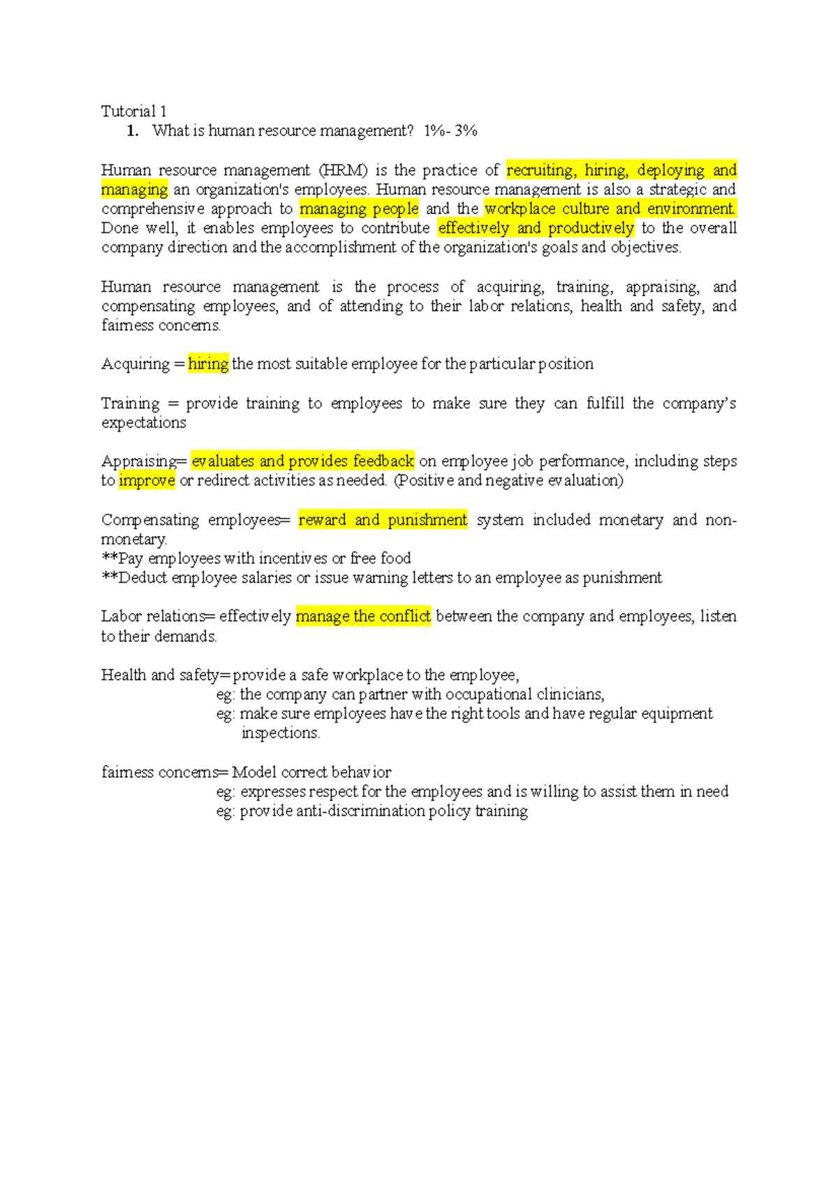 HRM- tutorial - 12345 - Tutorial 1 1. What is human resource management ...