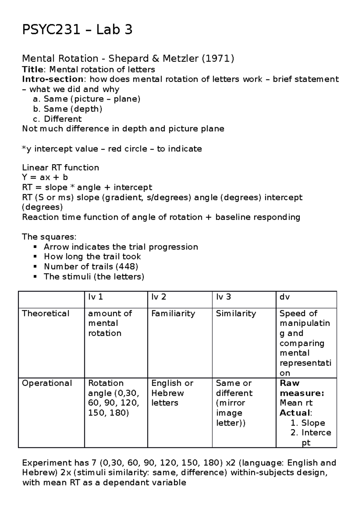 PSYC231 – Lab 3 - lab notes - PSYC231 – Lab 3 Mental Rotation - Shepard ...