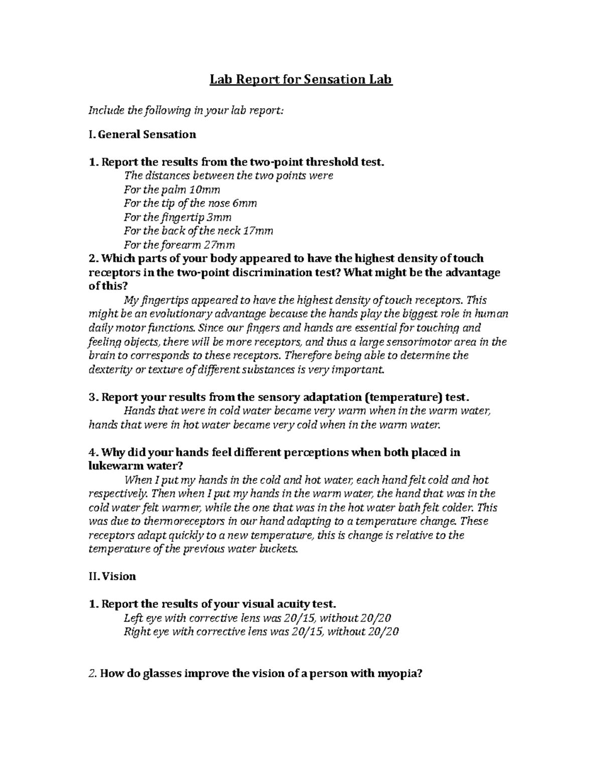 Sensation Lab Report - n/a - Lab Report for Sensation Lab Include the ...