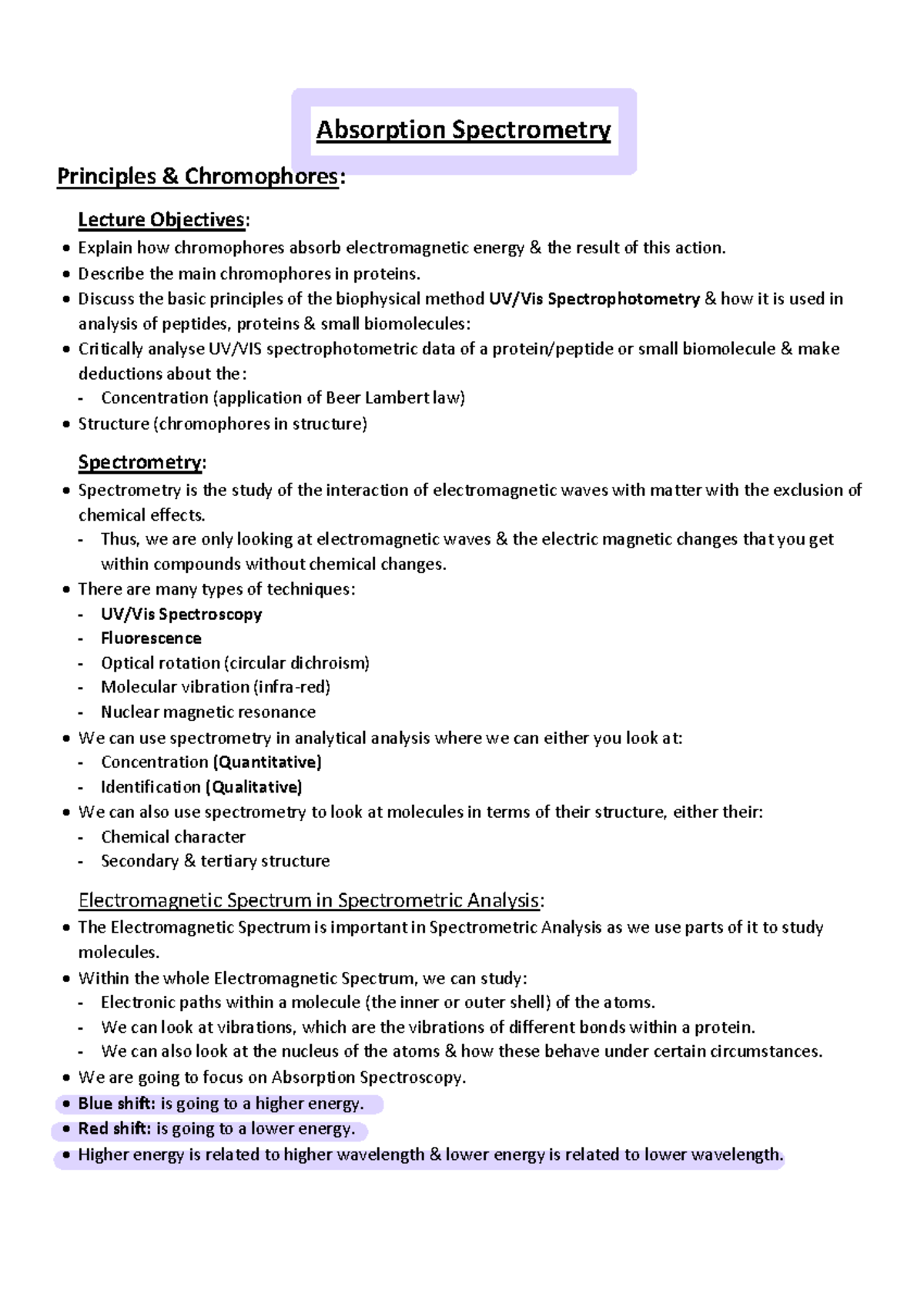 Absorption Spec - Summary Biochemistry 315 - Absorption Spectrometry ####### Principles & - Studocu