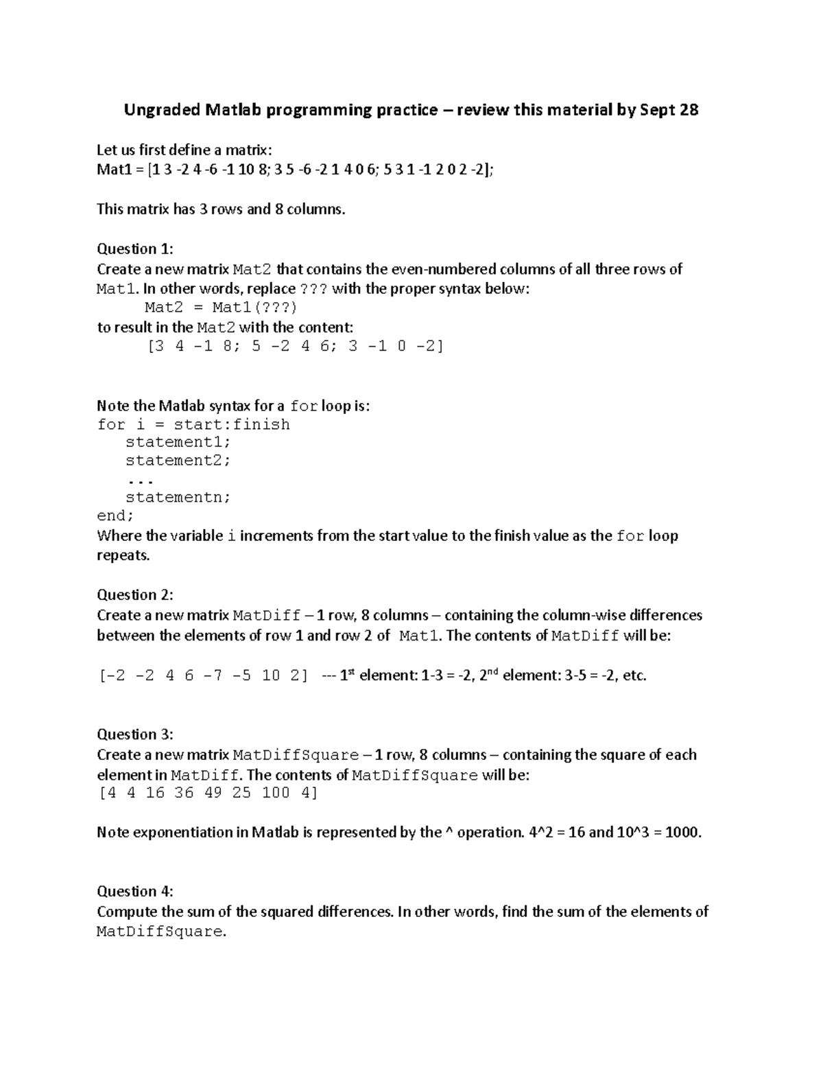 Matlab Intro - Ungraded Matlab programming practice – review this ...