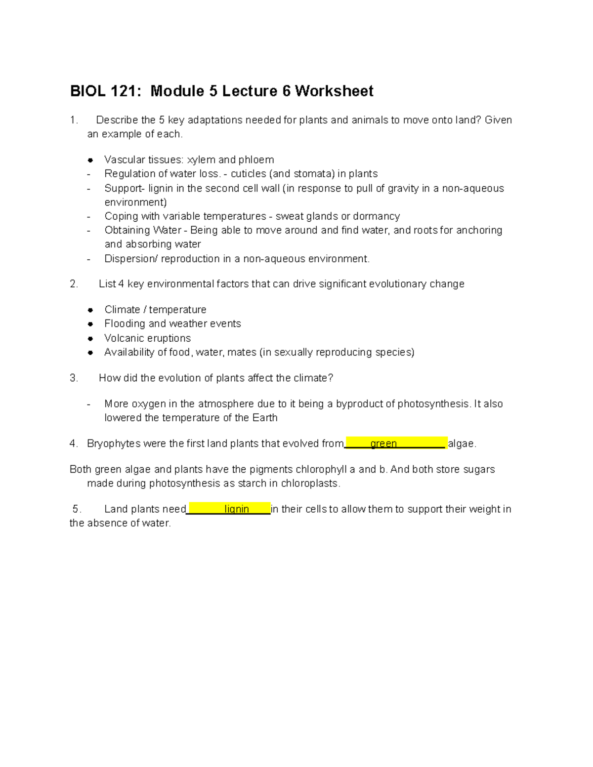 BIOL 121 Module 5 Lecture 6 - BIOL 121: Module 5 Lecture 6 Worksheet ...