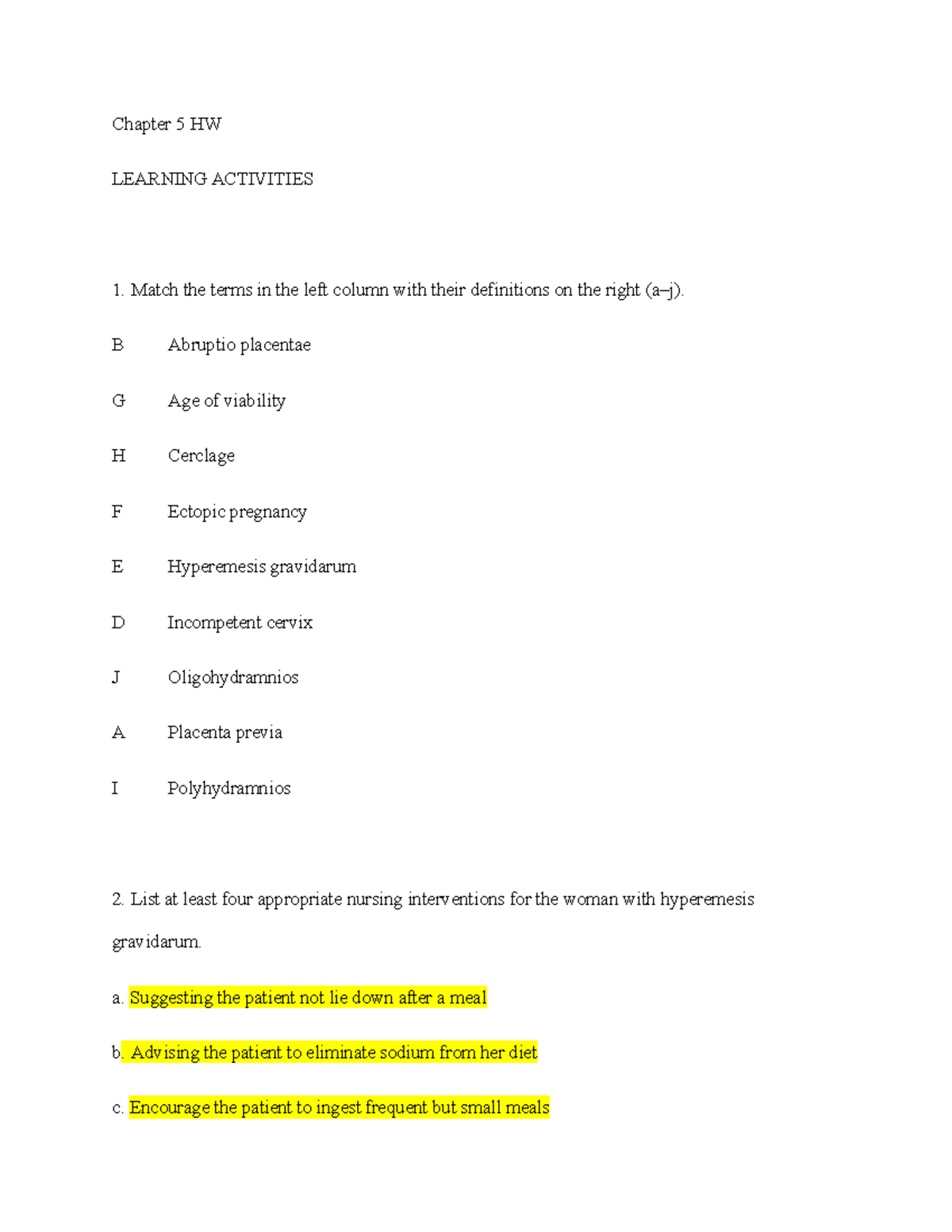 Chapter 5 HW - motherbaby homework - Chapter 5 HW LEARNING ACTIVITIES ...