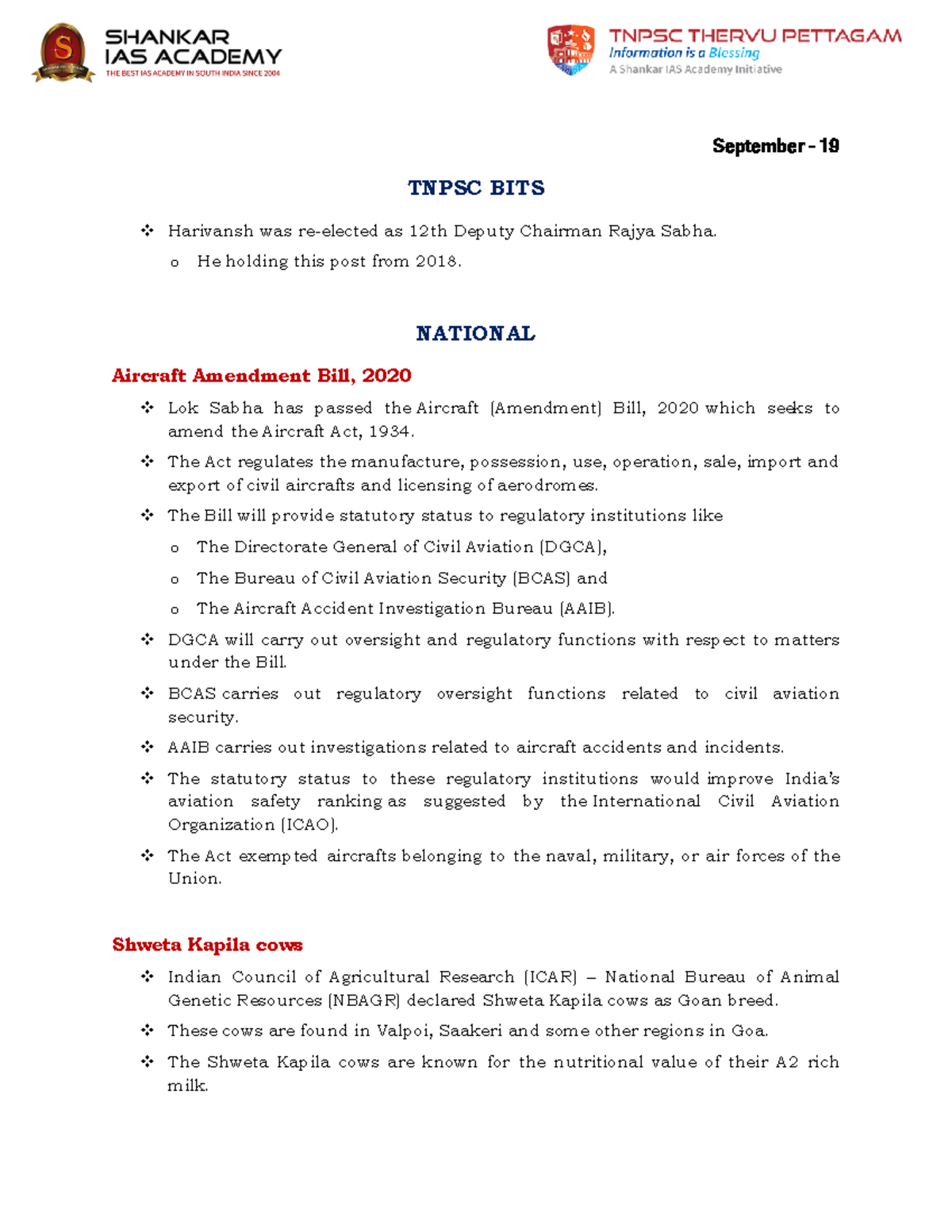 Sep 19 - English [Current Afairs for the month September-2020 ...