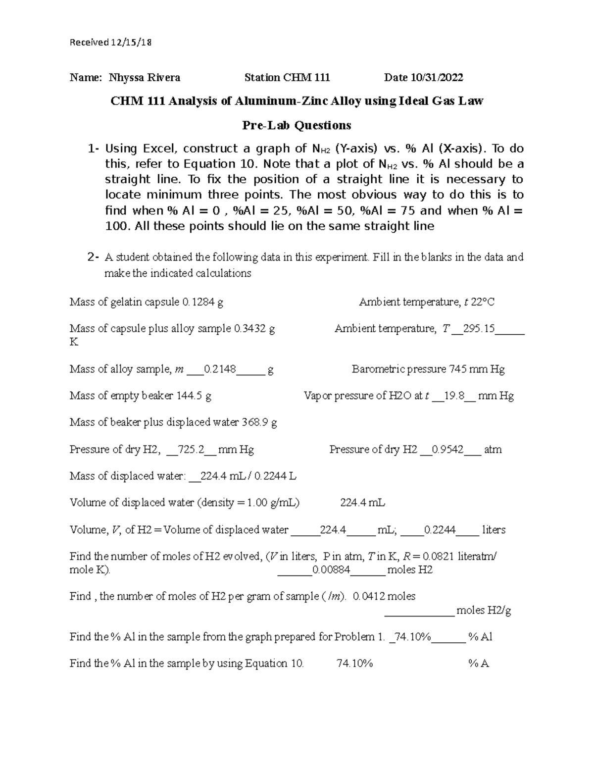 Week 9-Exp-7-Pre-Lab-Analysis of Aluminum-Zinc Alloy using Ideal Gas ...