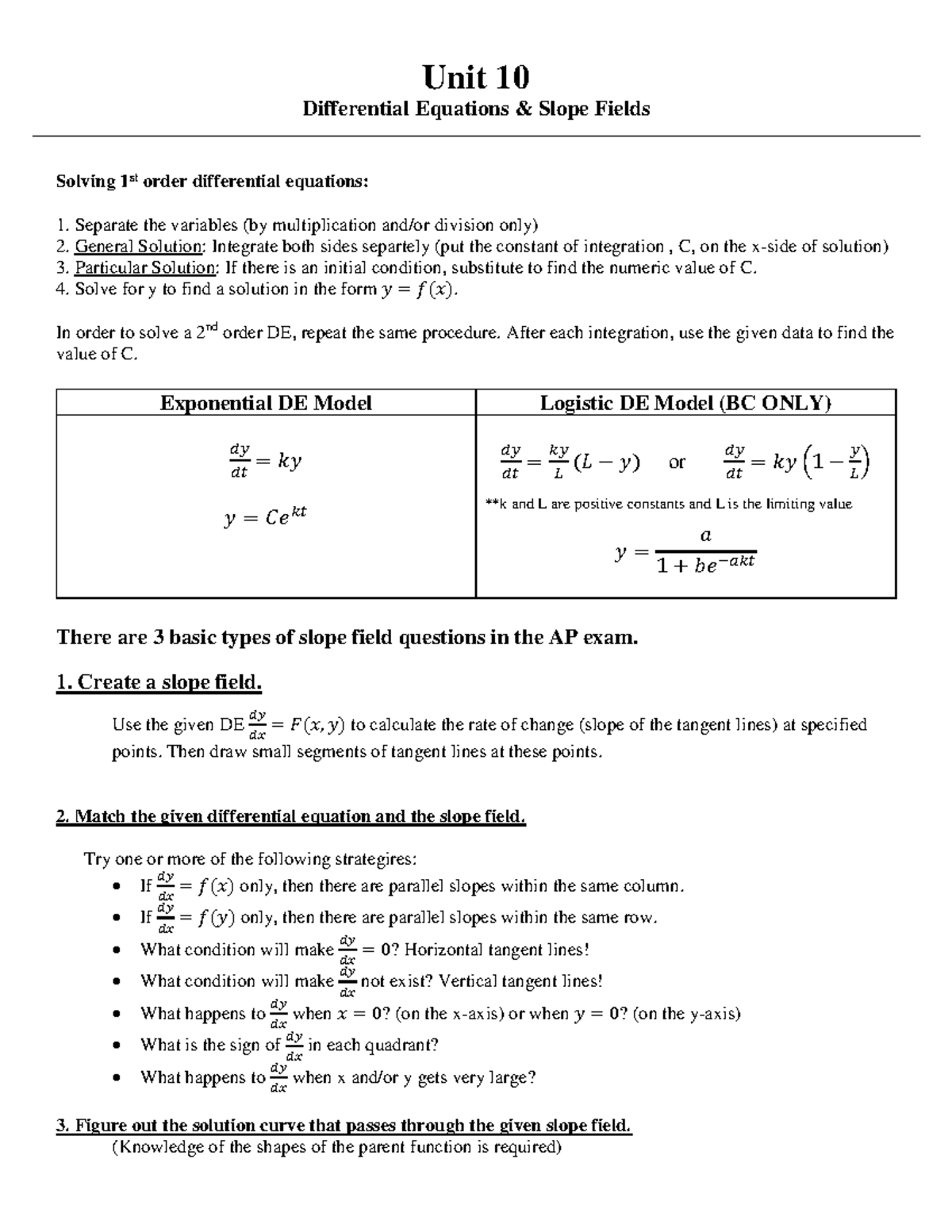 0 BC Unit 10 Notes Packet - Unit 10 Differential Equations & Slope ...