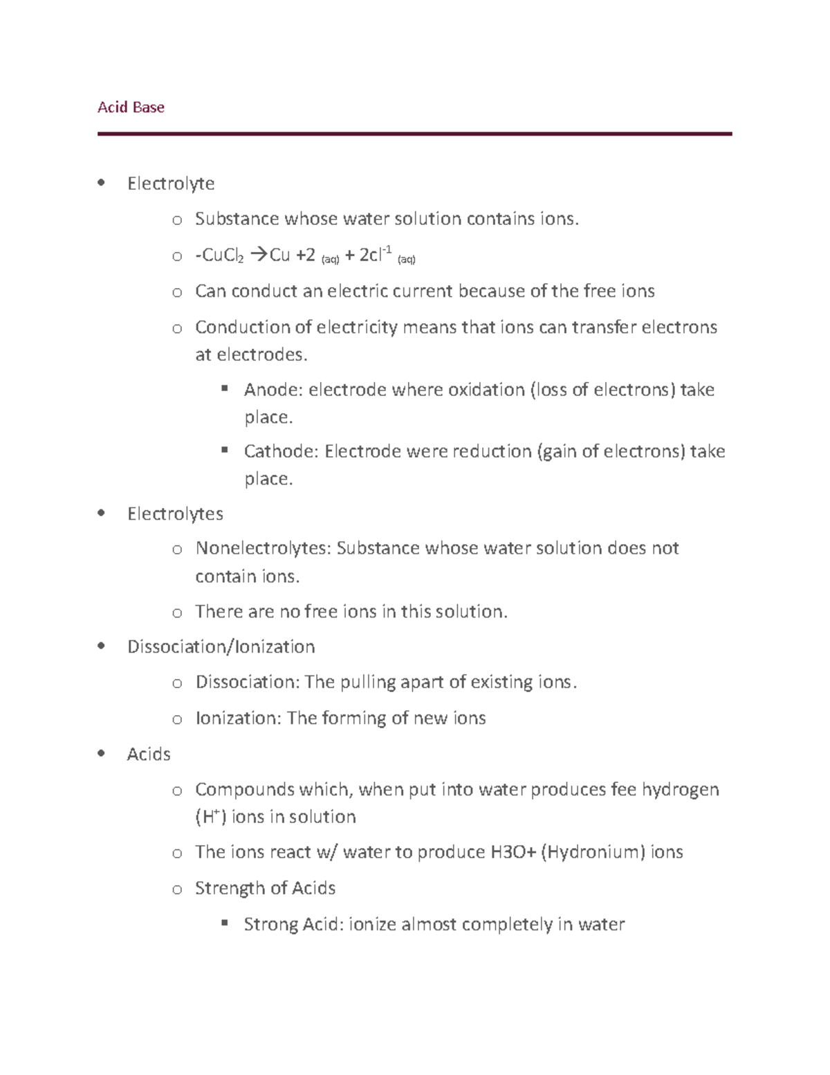 Acid Base (16) - Study guide - Acid Base Electrolyte o Substance whose ...